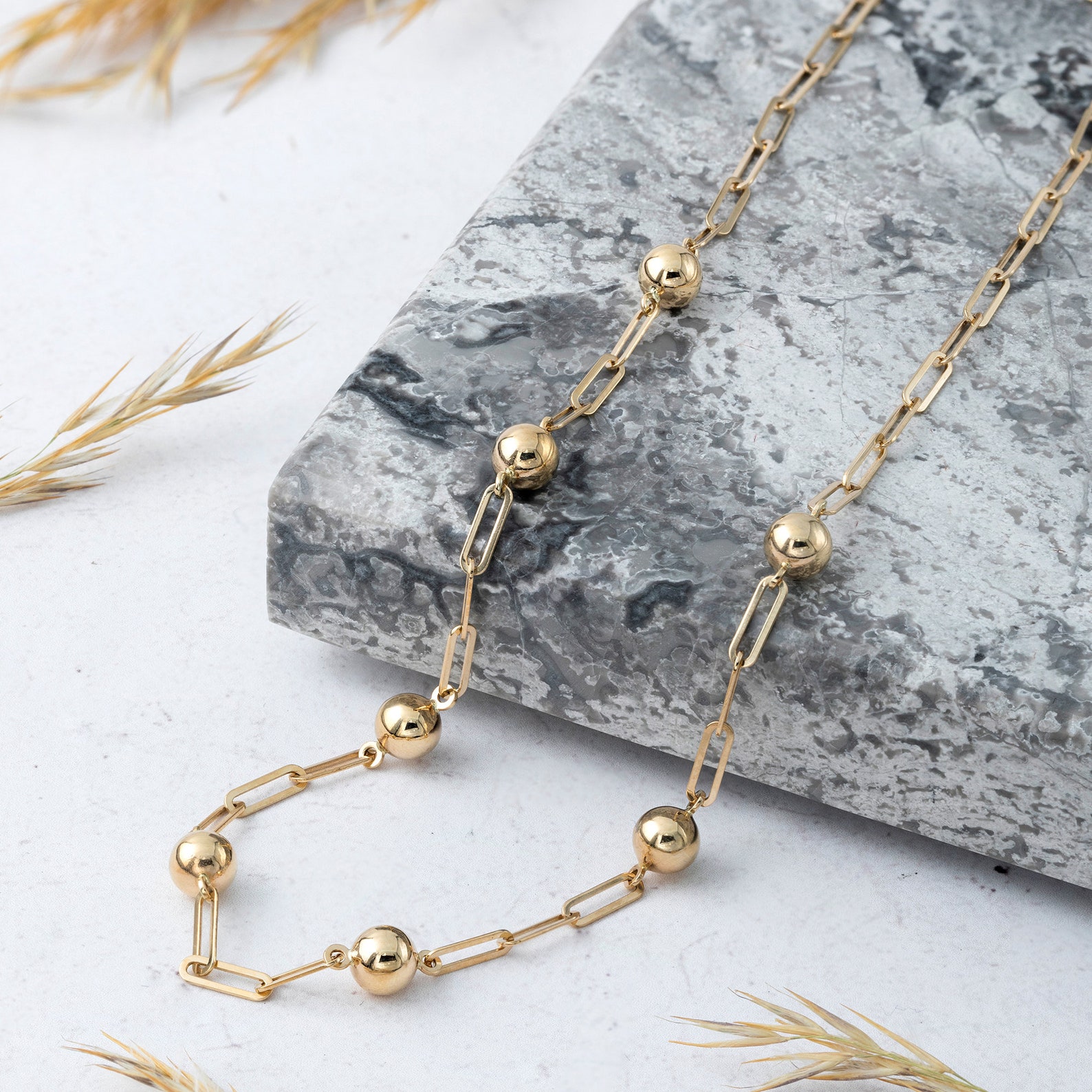 14K Solid Gold Bead Station Chain Necklace, Real Gold Paperclip Ball ...