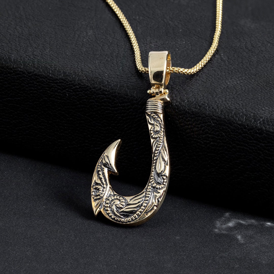 14K Solid Gold Fish Hook Necklace, 14k Yellow or Rose Gold, Modern Fine ...