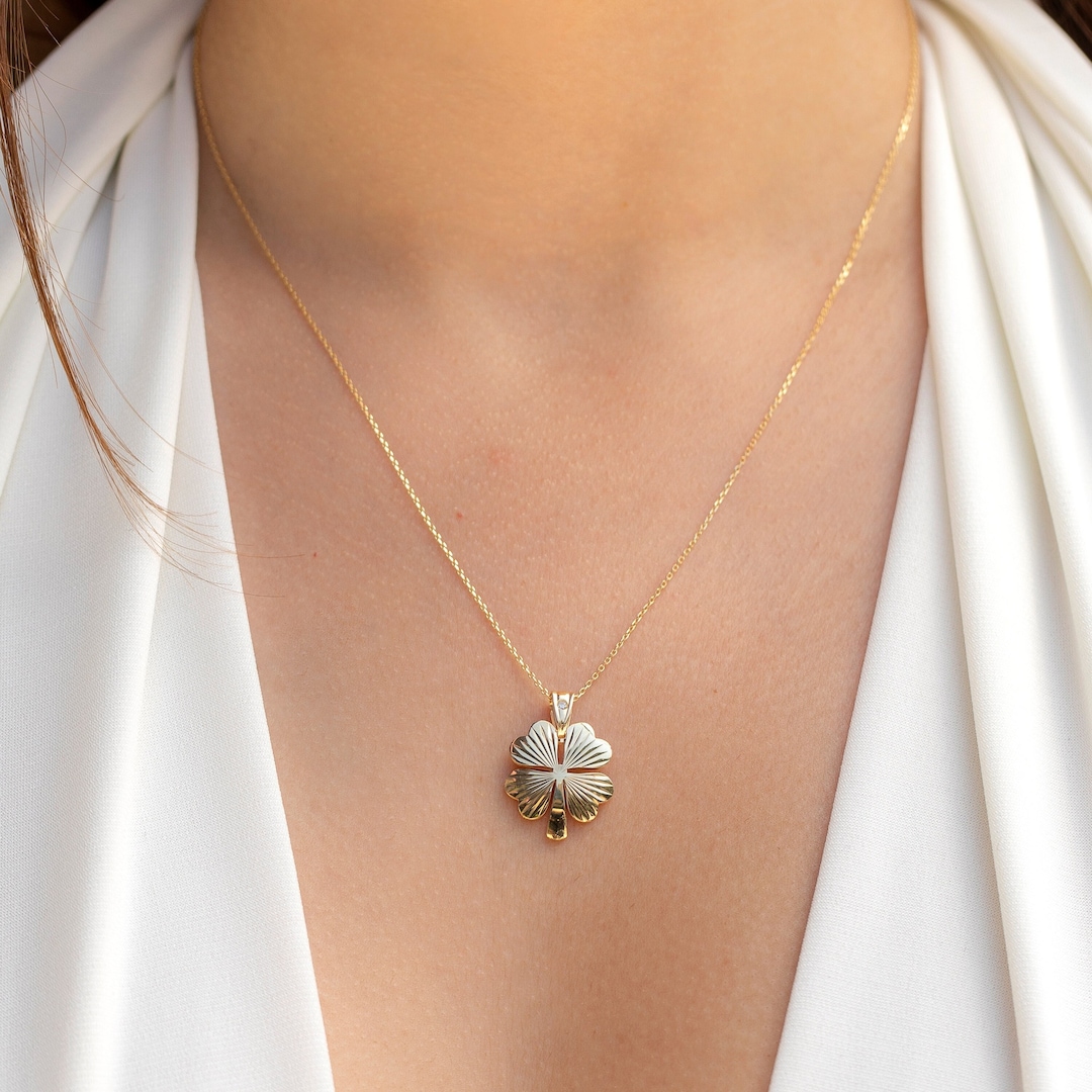 14k Solid Gold Four Leaf Necklace, Real Gold Necklace, 4 Leaf Clover ...