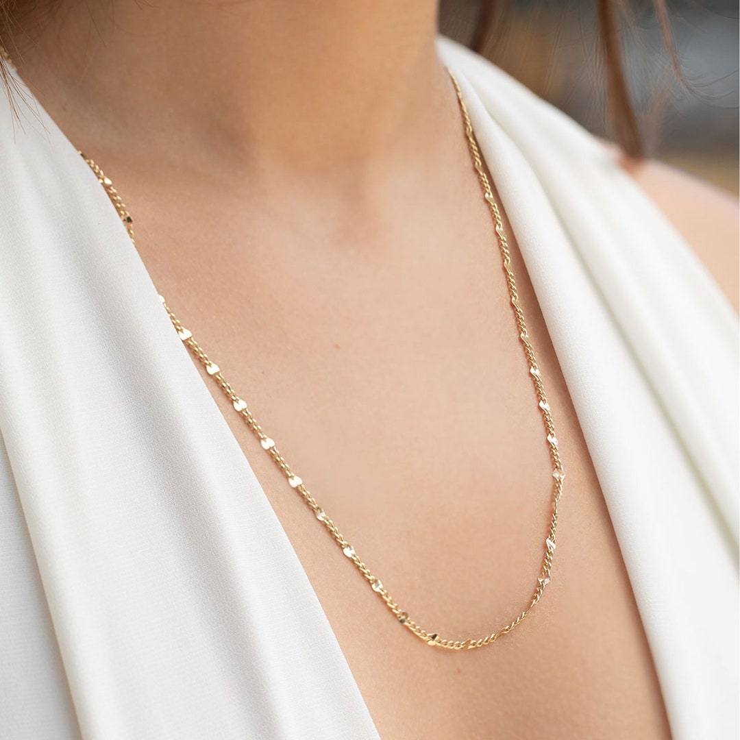 14k Solid Gold Sequin Faceted Chain Necklace, 2.6 Mm Mirrored Dainty ...