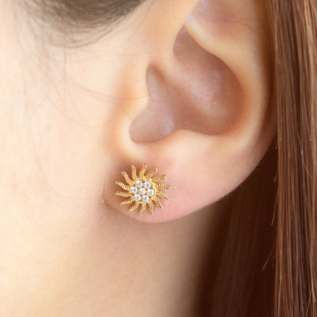Sun Earrings, 14k Solid Gold Solar Celestial Sun Stud Earrings ...