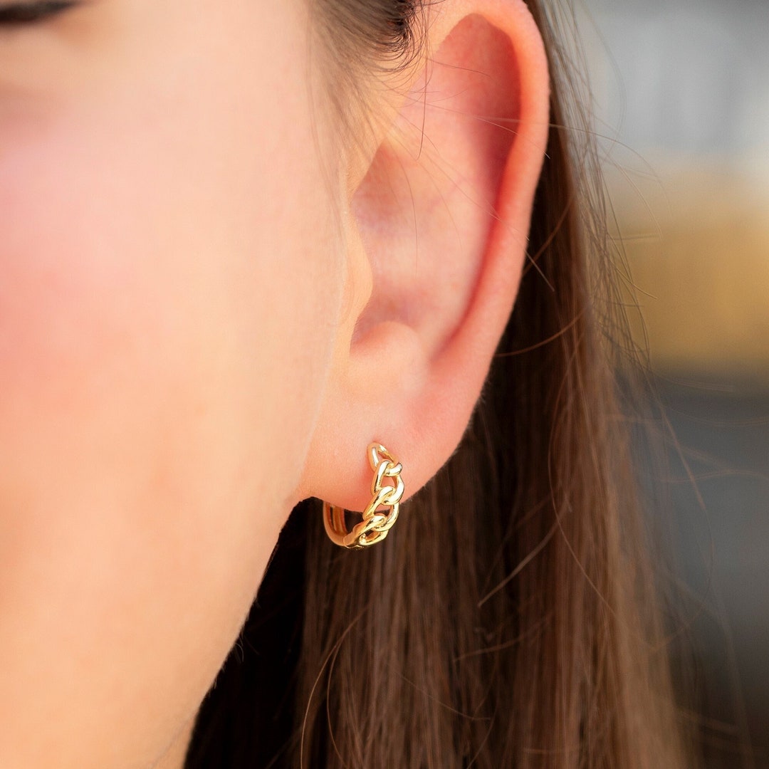 14K Yellow Gold Curb Huggie Earrings, Solid Gold Cuban Link Chain Hoop ...