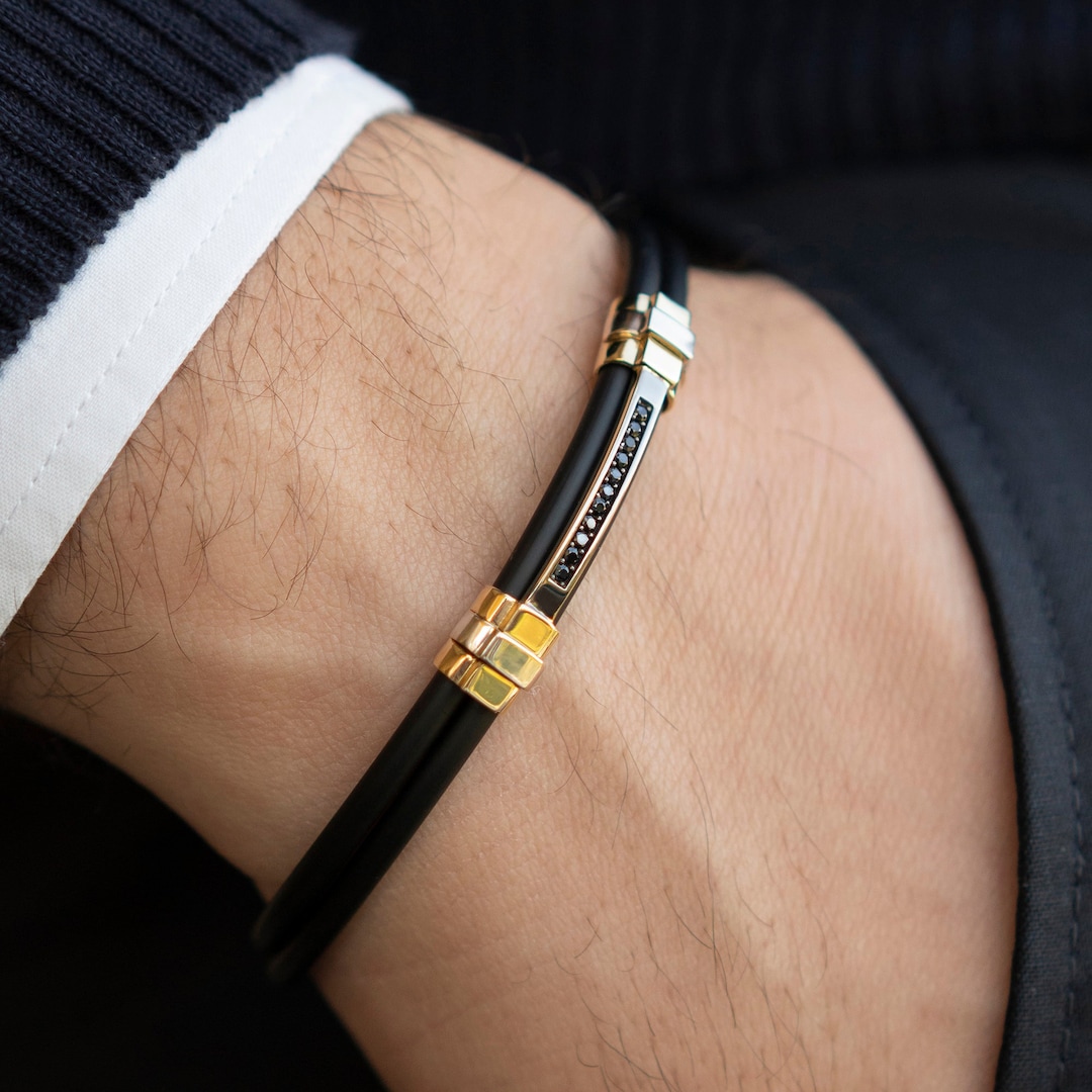 Solid Gold Men Bracelet, 14K Real Gold Black Rope Men's Gold Bracelet ...