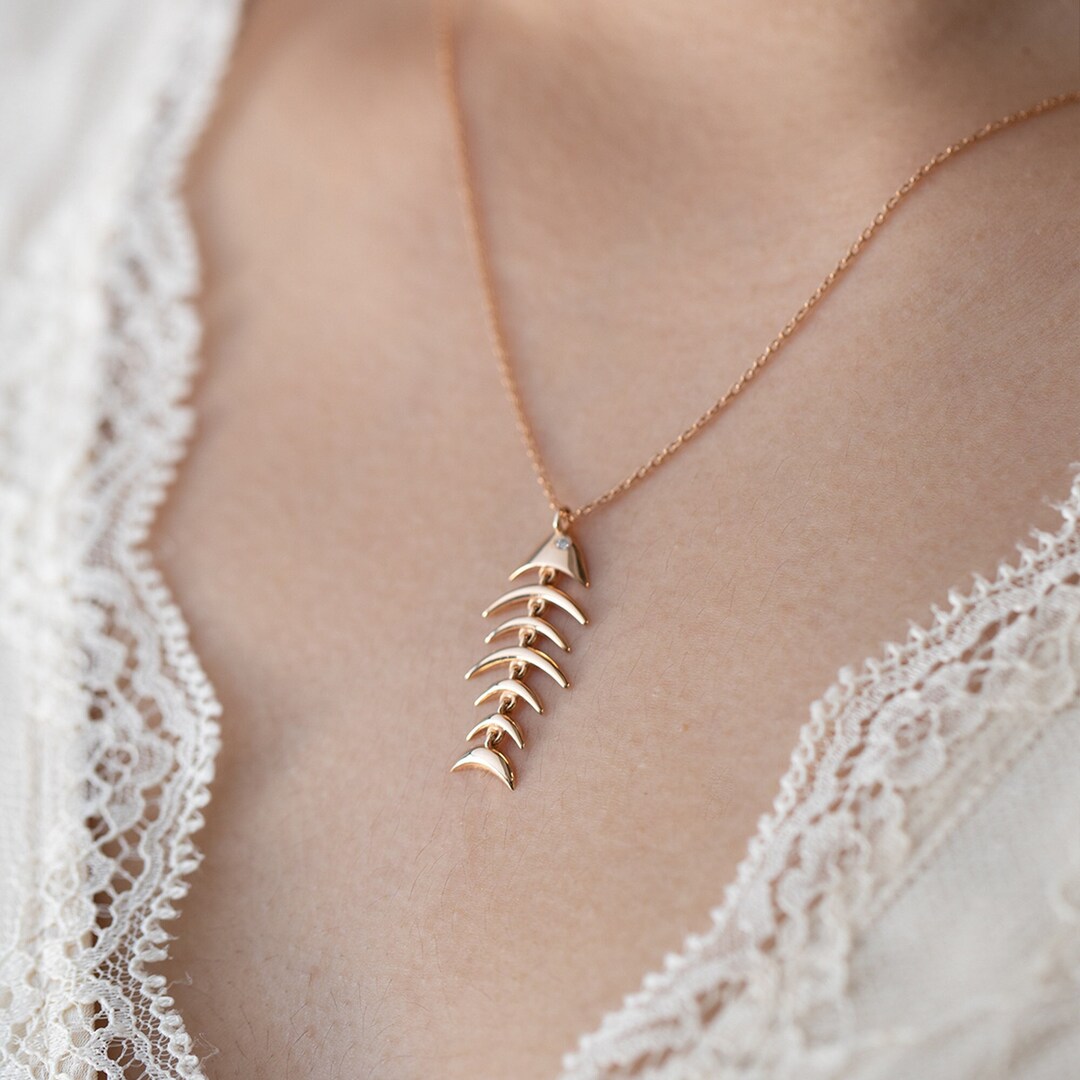 Fish Bone 14K Gold Pendant, 3D Fish Charm Diamond Necklace, 0.03ct ...