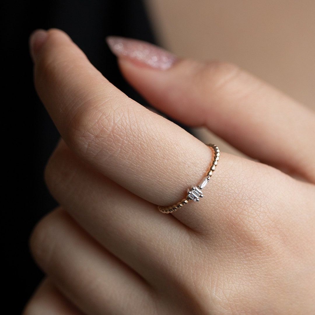 14k Solid Gold Baguette Signet Ring, Index Finger Ring, 0.06ct Diamond ...