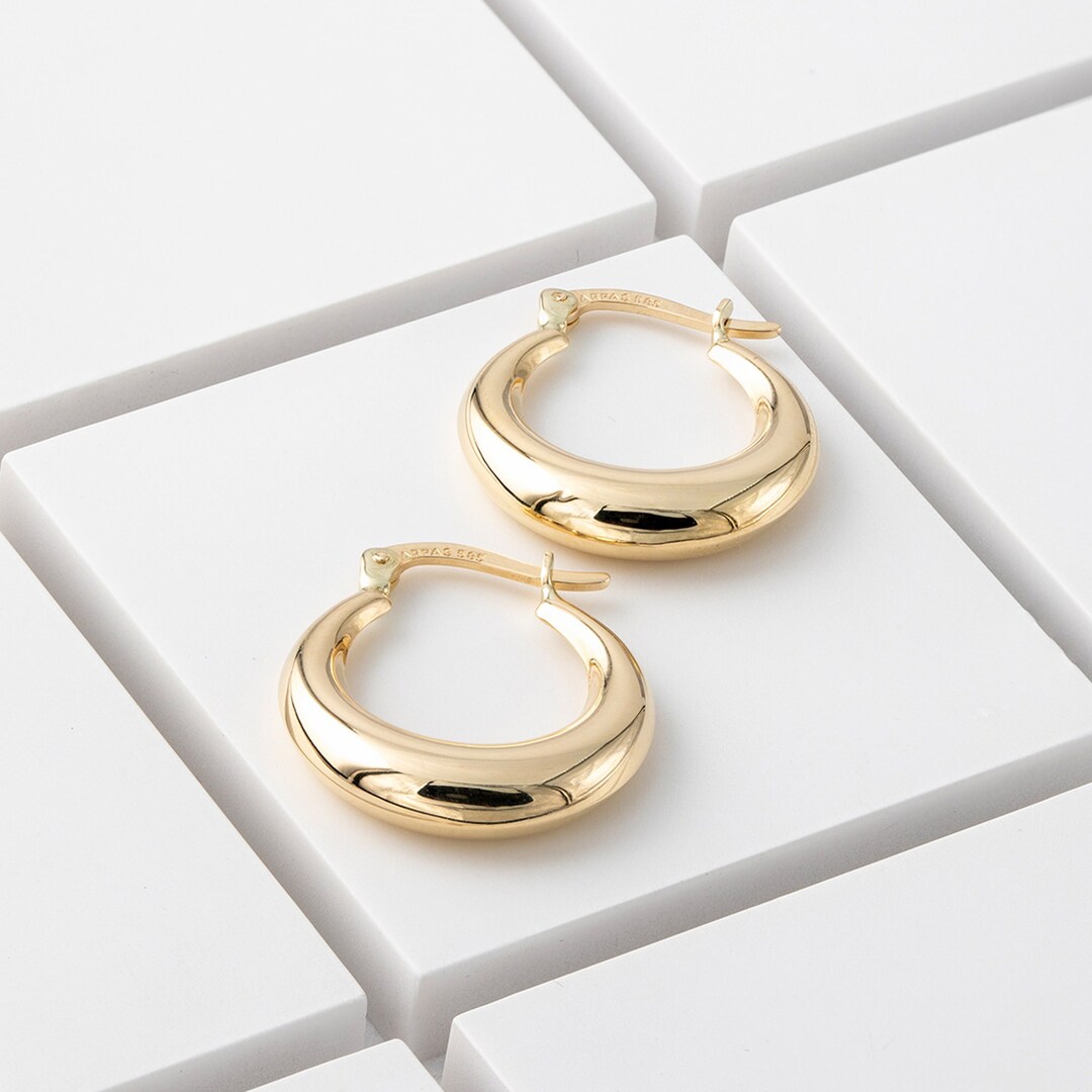 Gold Earrings, 14k Solid Gold Croissant Earrings, Thick Hoop Earrings ...