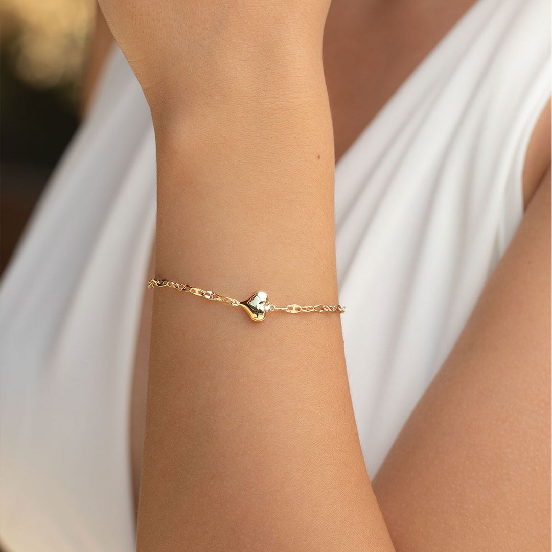 14K Gold Heart Charm Bracelet, Dainty Gold Bracelet, Everyday Gold ...