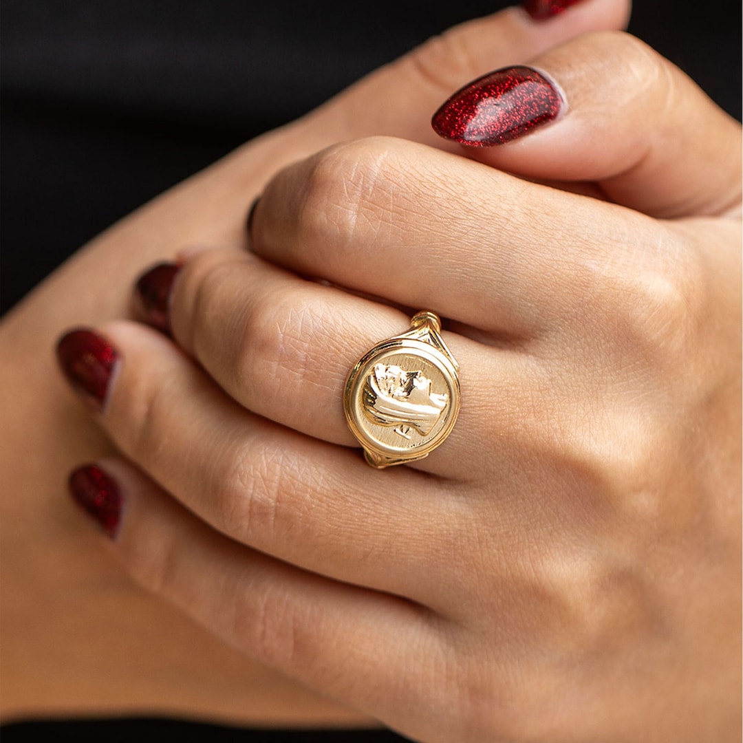 14k Solid Gold Ancient Style Coin Design Signet Ring / 14K Gold Coin ...