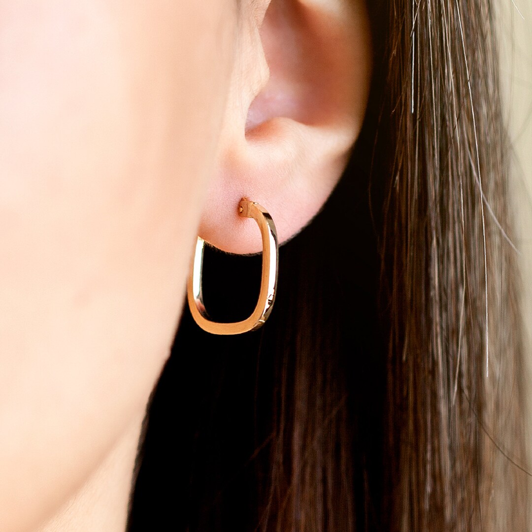 14K Yellow Gold Square Hoop Earrings, Thin Square Shape Hoops, 14K ...