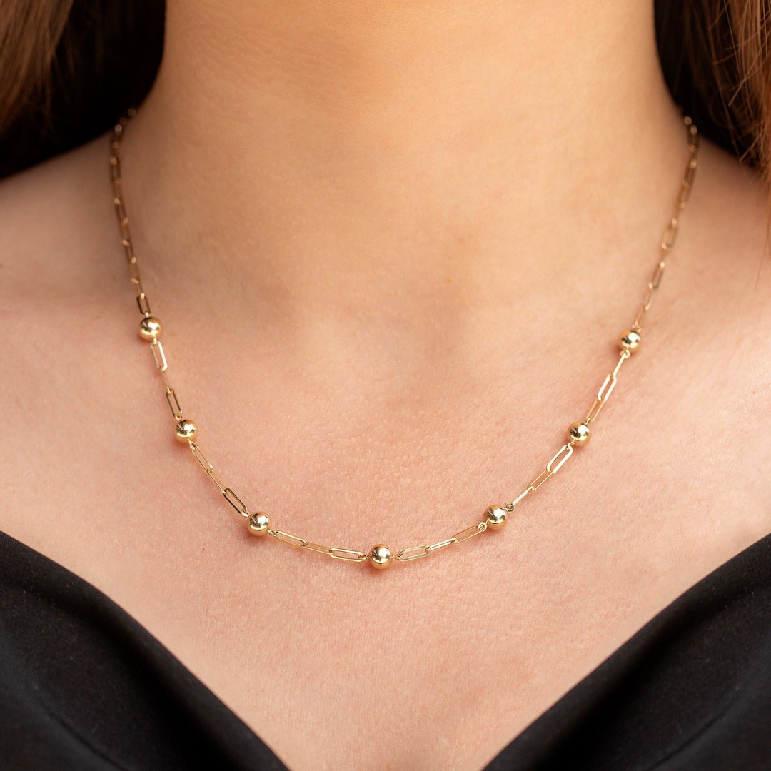 14K Solid Gold Bead Station Chain Necklace, Real Gold Paperclip Ball ...