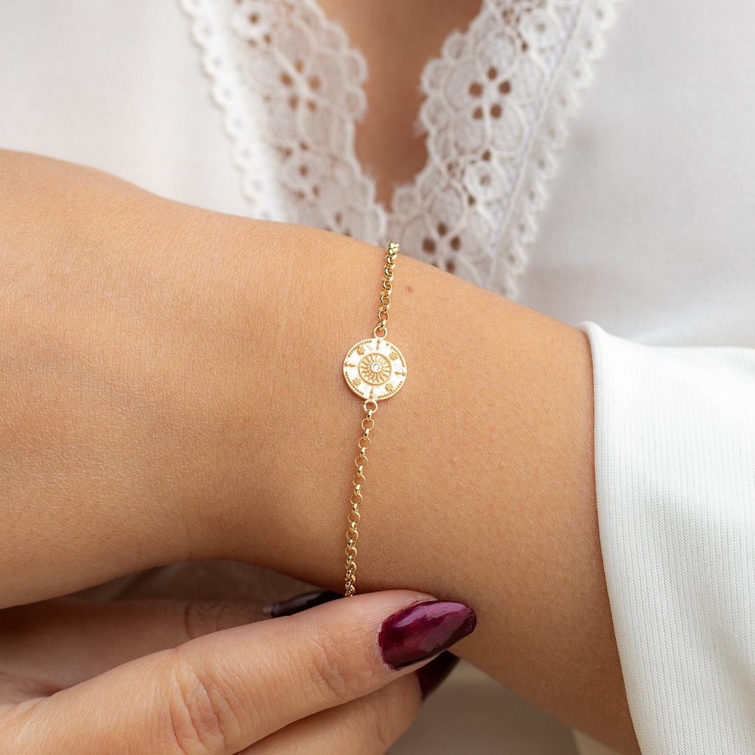 14k Solid Gold Compass Charm Bracelet, Yellow Gold Rolo Chain Bracelet ...
