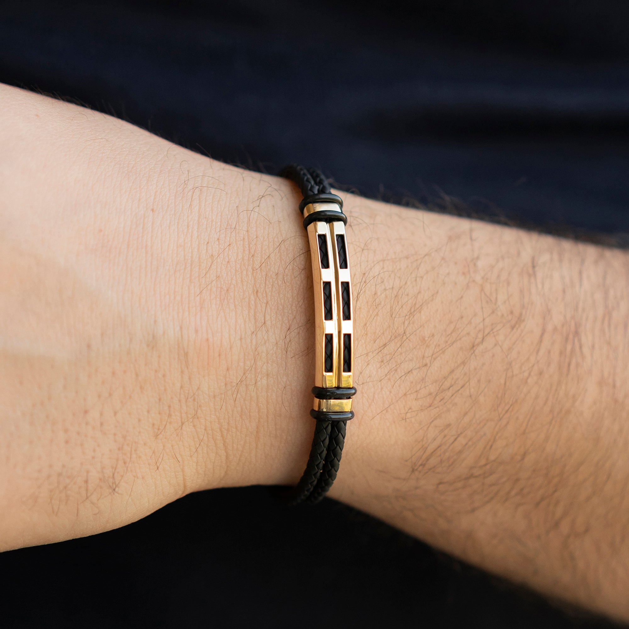 14K Real Gold Men's Gold Bracelet, Black Rope Men Bracelet for Daily ...