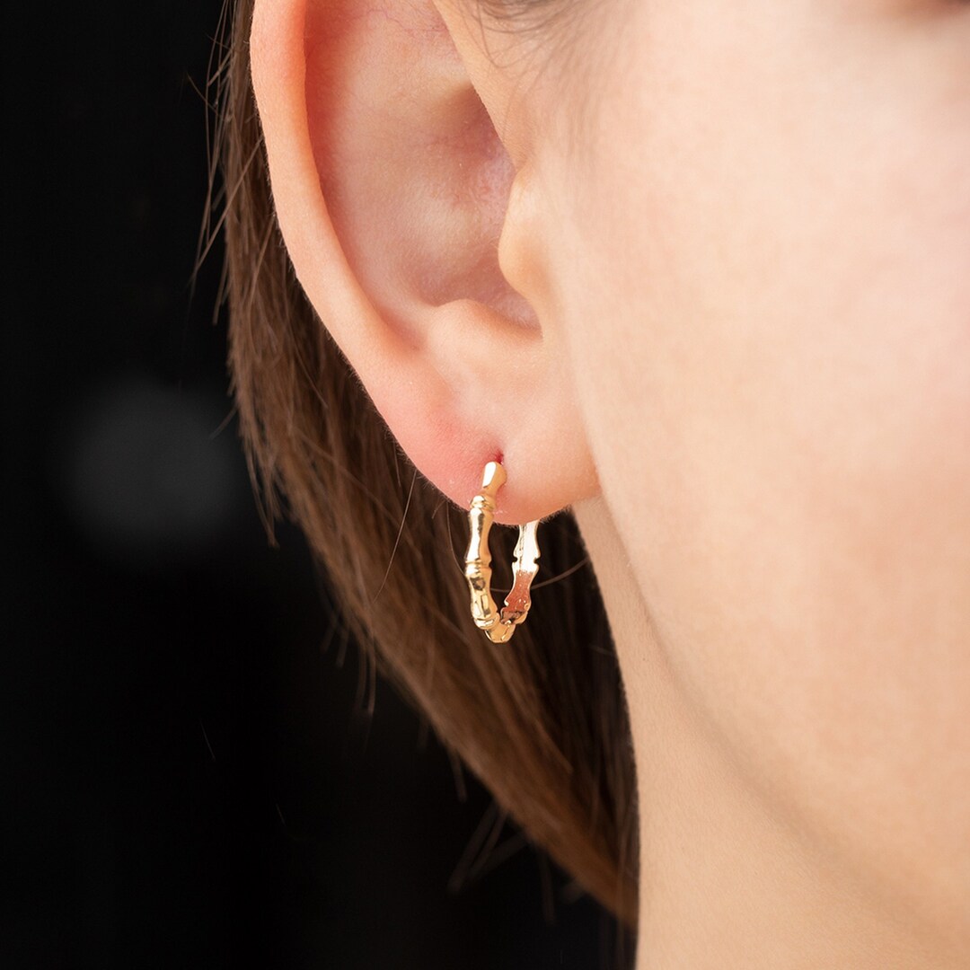 14k Solid Gold Small Hoops, Round Bamboo Hoop Earrings by CENOVA ...