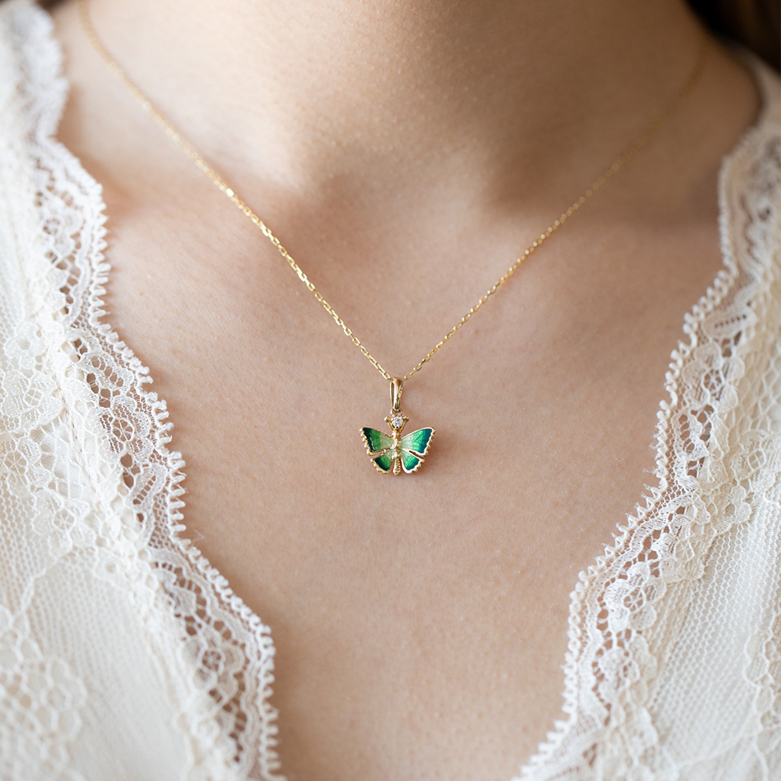 14K Gold Monarch Butterfly Pendant, Butterfly Diamond Necklace, Real ...