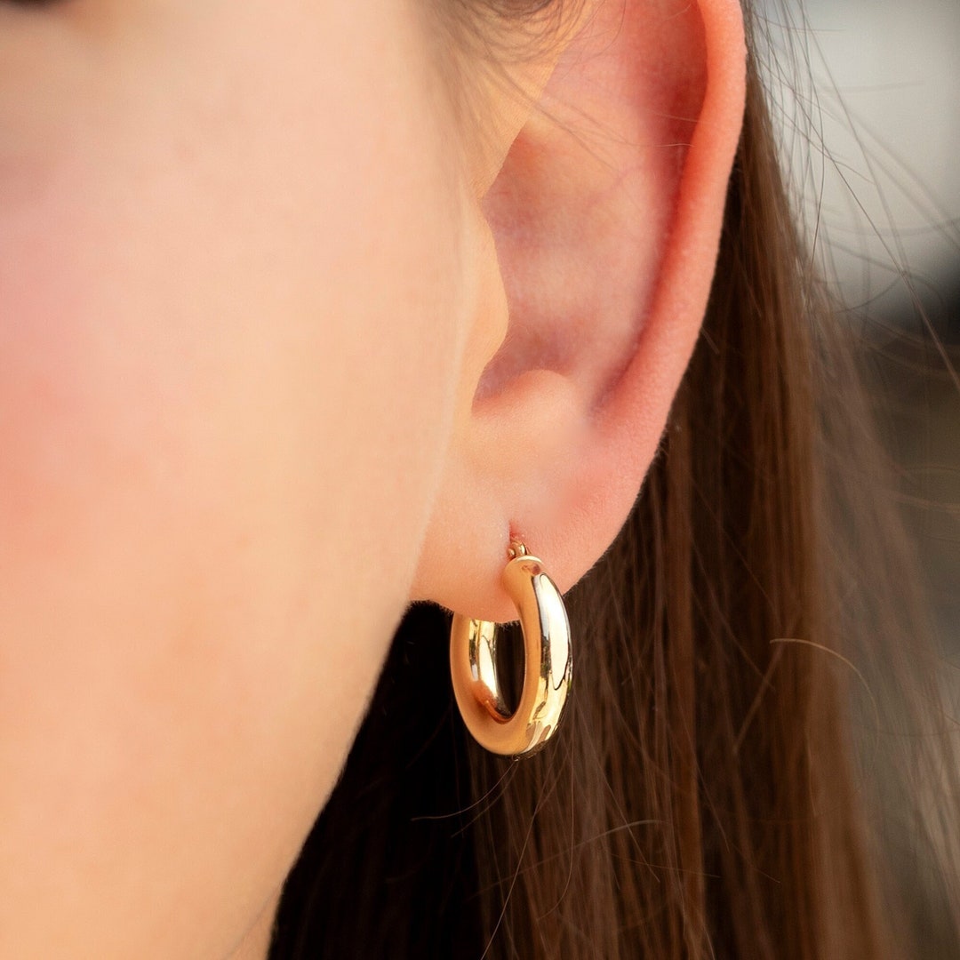 14K Yellow Gold Hoop Earrings: Small Chunky Tube Hoops, 4mm Thick - Etsy
