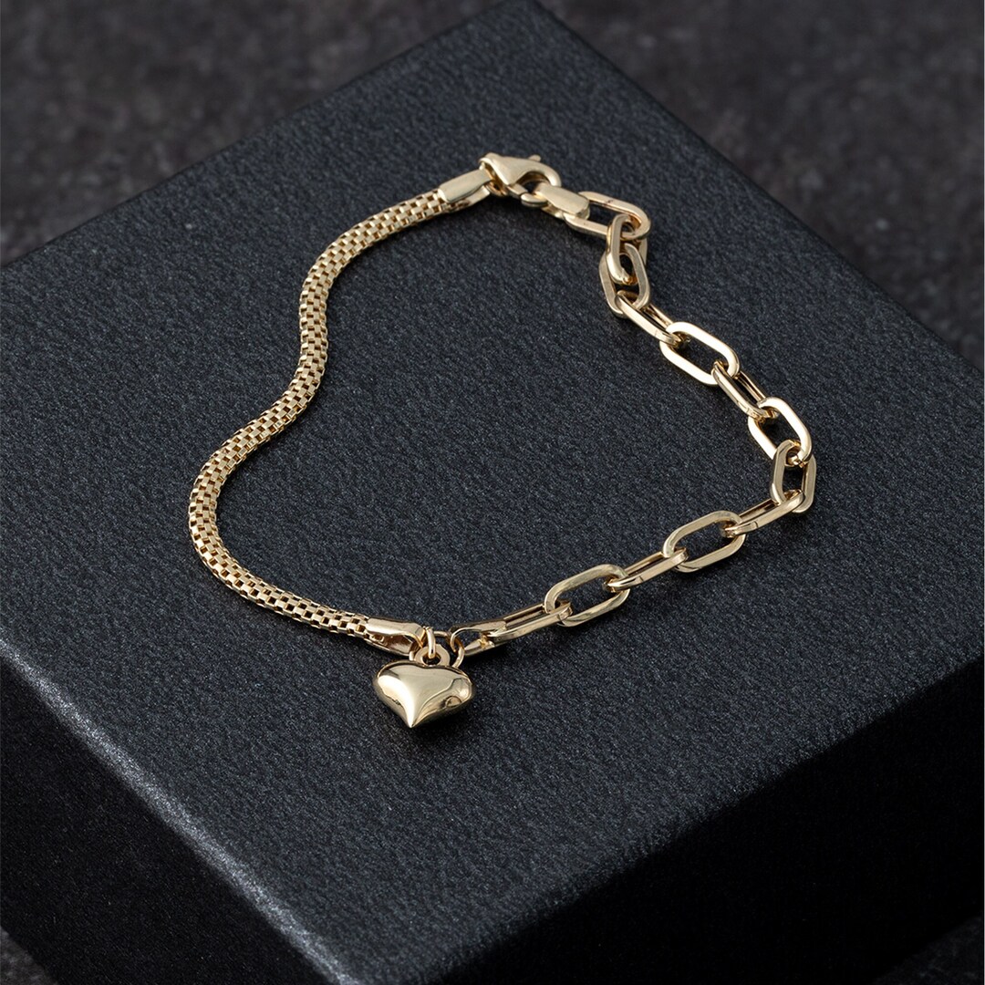 14K Gold Heart Bracelet, Solid Gold Heart Bracelet, Paperclip Chain ...