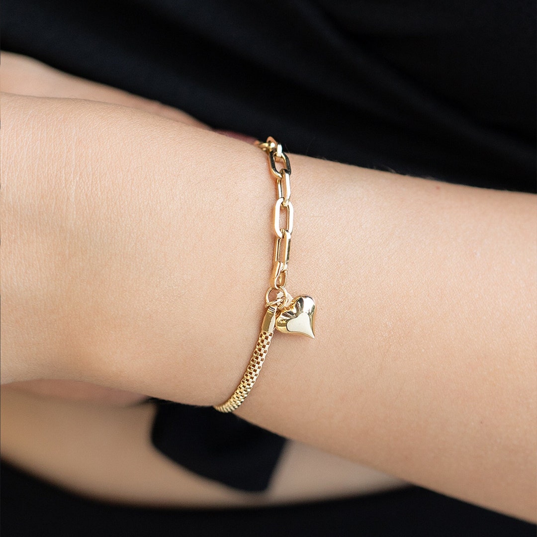 Heart Bracelet in 14k Yellow Gold | Love Heart Charm With Paperclip ...