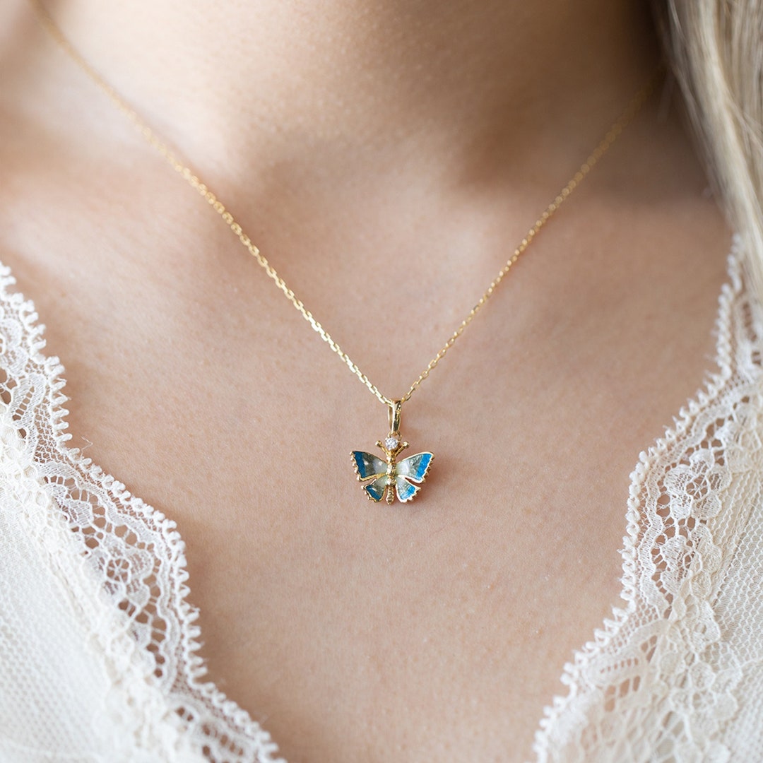 14K Gold Monarch Butterfly Pendant, Butterfly Diamond Necklace, Real ...
