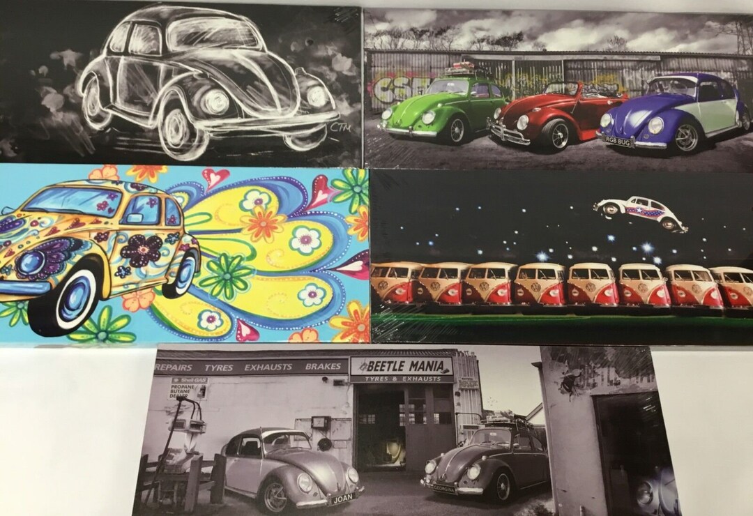 4 Different VW Beetle Canvas Designs 24"x 10" on A Wooden Stretcher ...