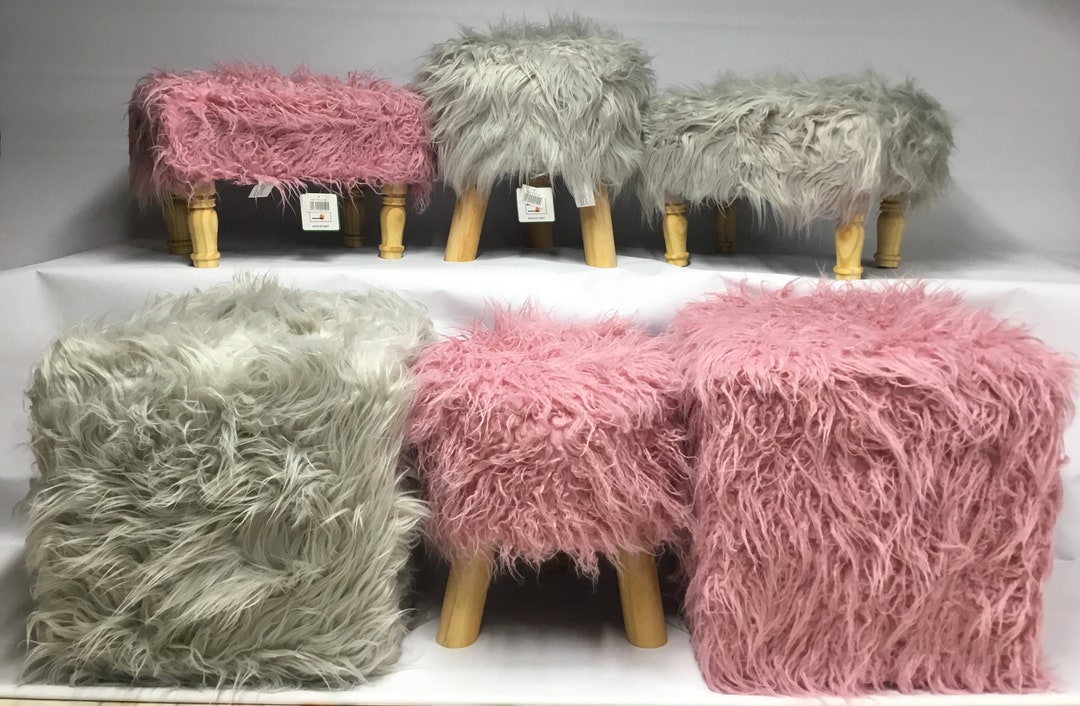 Fluffy Mongolian Pink and Silver Footstools & Ottomans, 2 Lovely ...