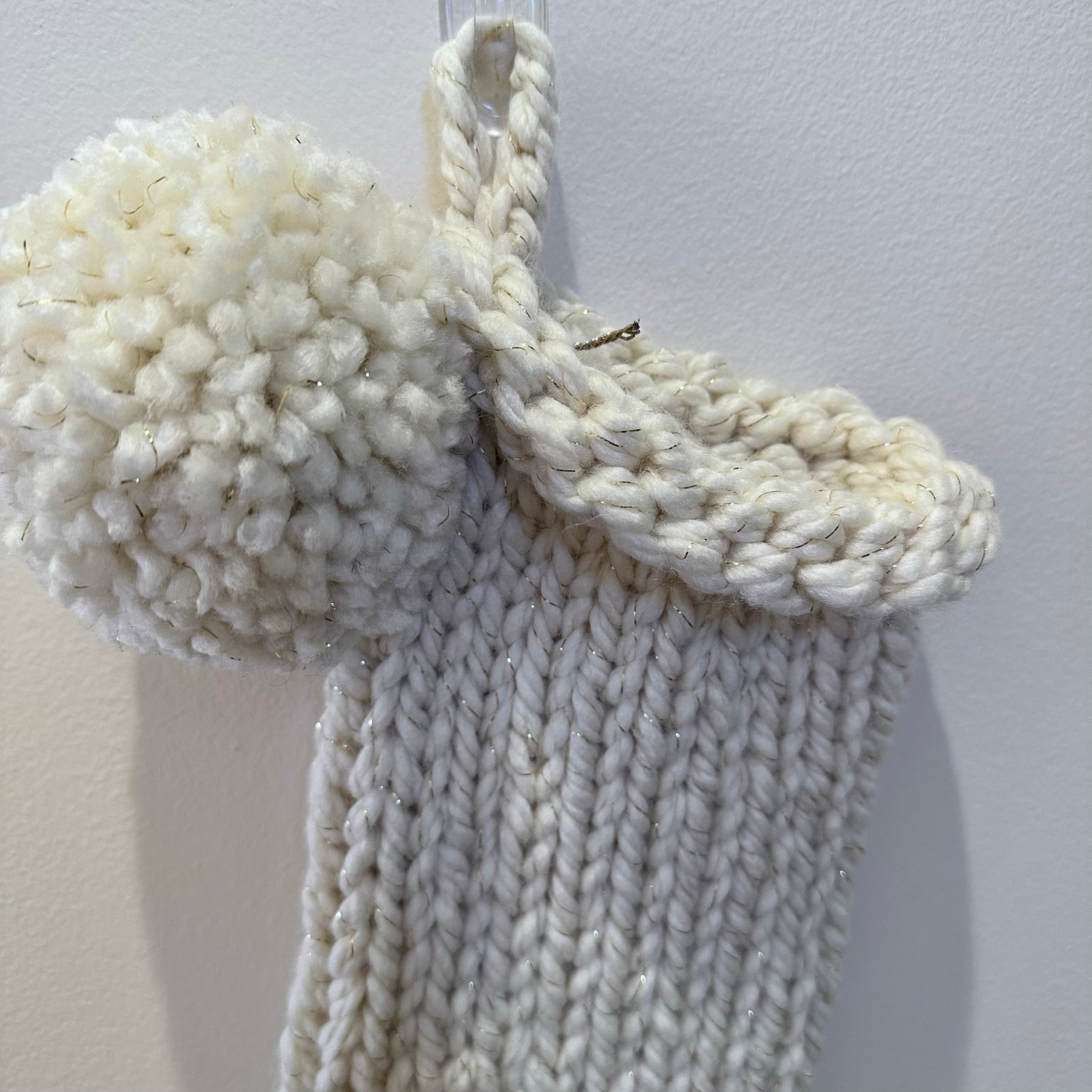 Classic Hand Knit Holiday Stocking Cream With Gold Tinsel Thread Ready