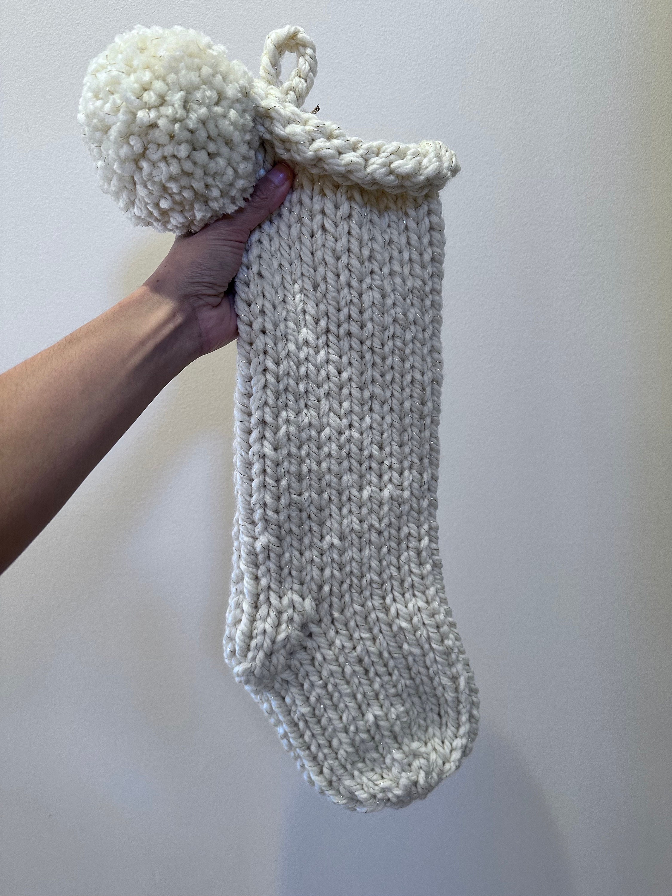 Classic Hand Knit Holiday Stocking Cream With Gold Tinsel Thread Ready