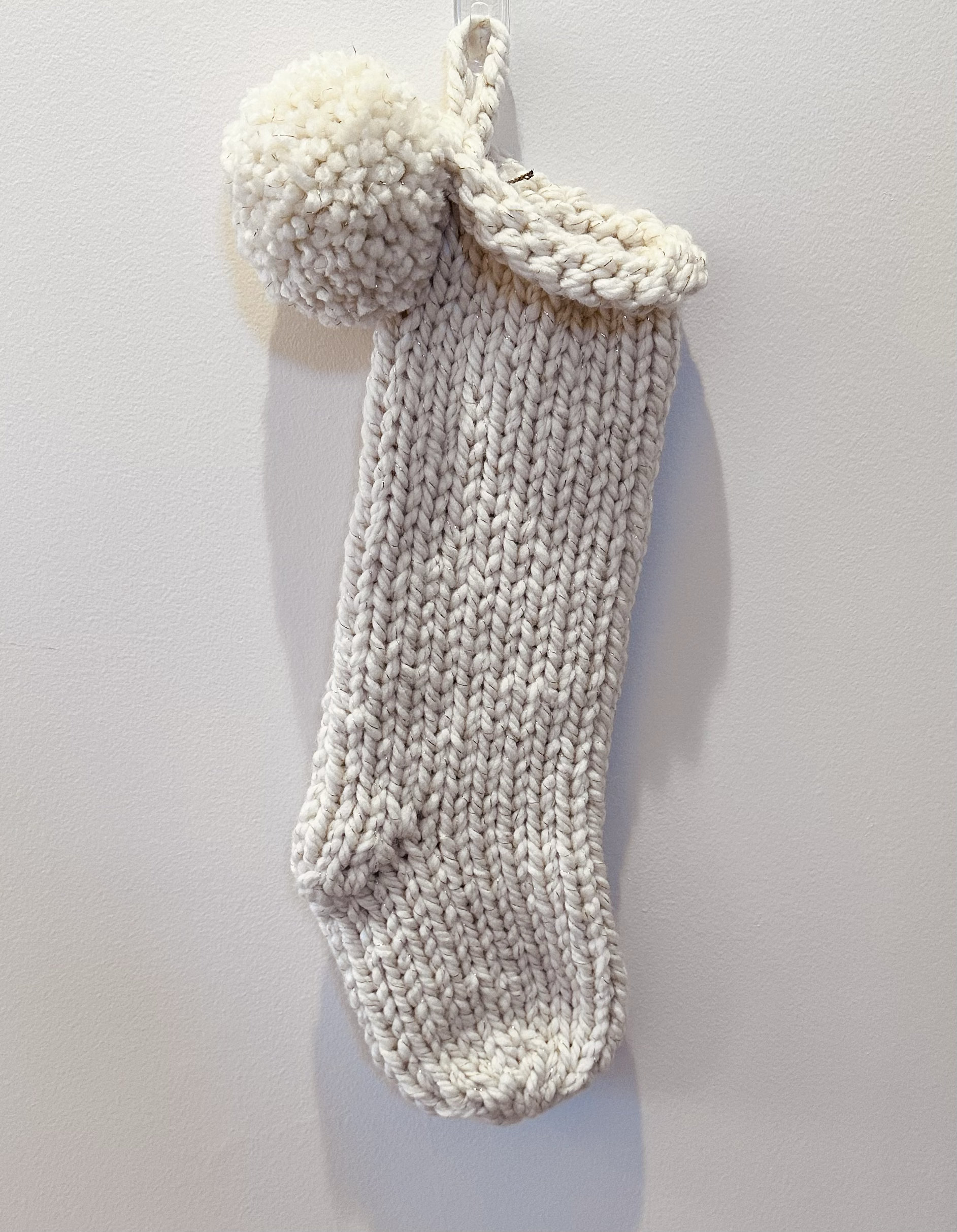 Classic Hand Knit Holiday Stocking Cream With Gold Tinsel Thread Ready