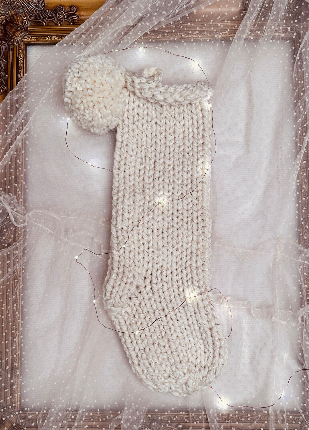Classic Hand Knit Holiday Stocking Cream With Gold Tinsel Thread Ready