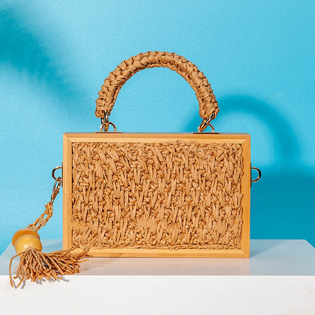 Womens Fashion Bamboo Bag With Straw Handle Bag Summer Beach Clutch ...