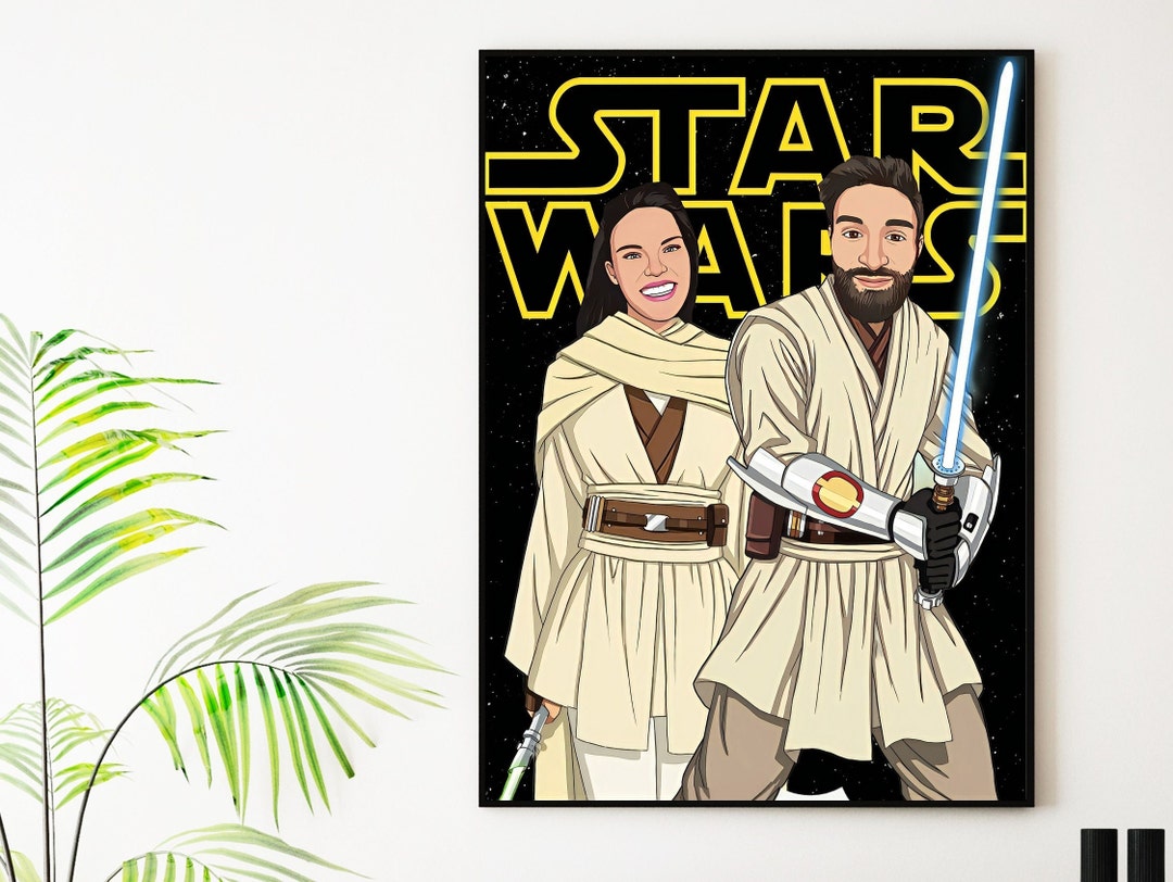 Jedi Couple Portrait, Personalized Star Wars Portrait, Gift for Star ...