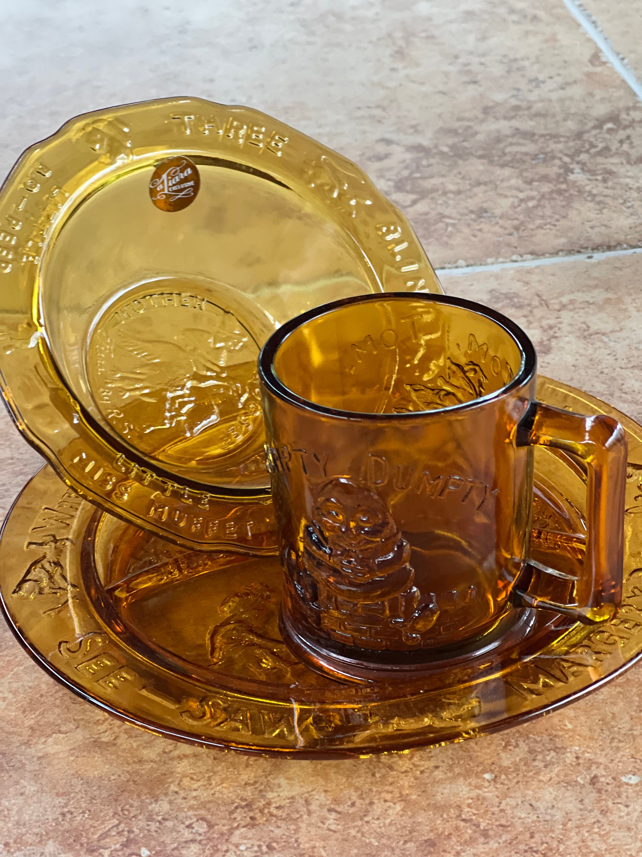 Vintage Indiana Glass Tiara Mother Goose Childs Three Piece Dinnerware ...