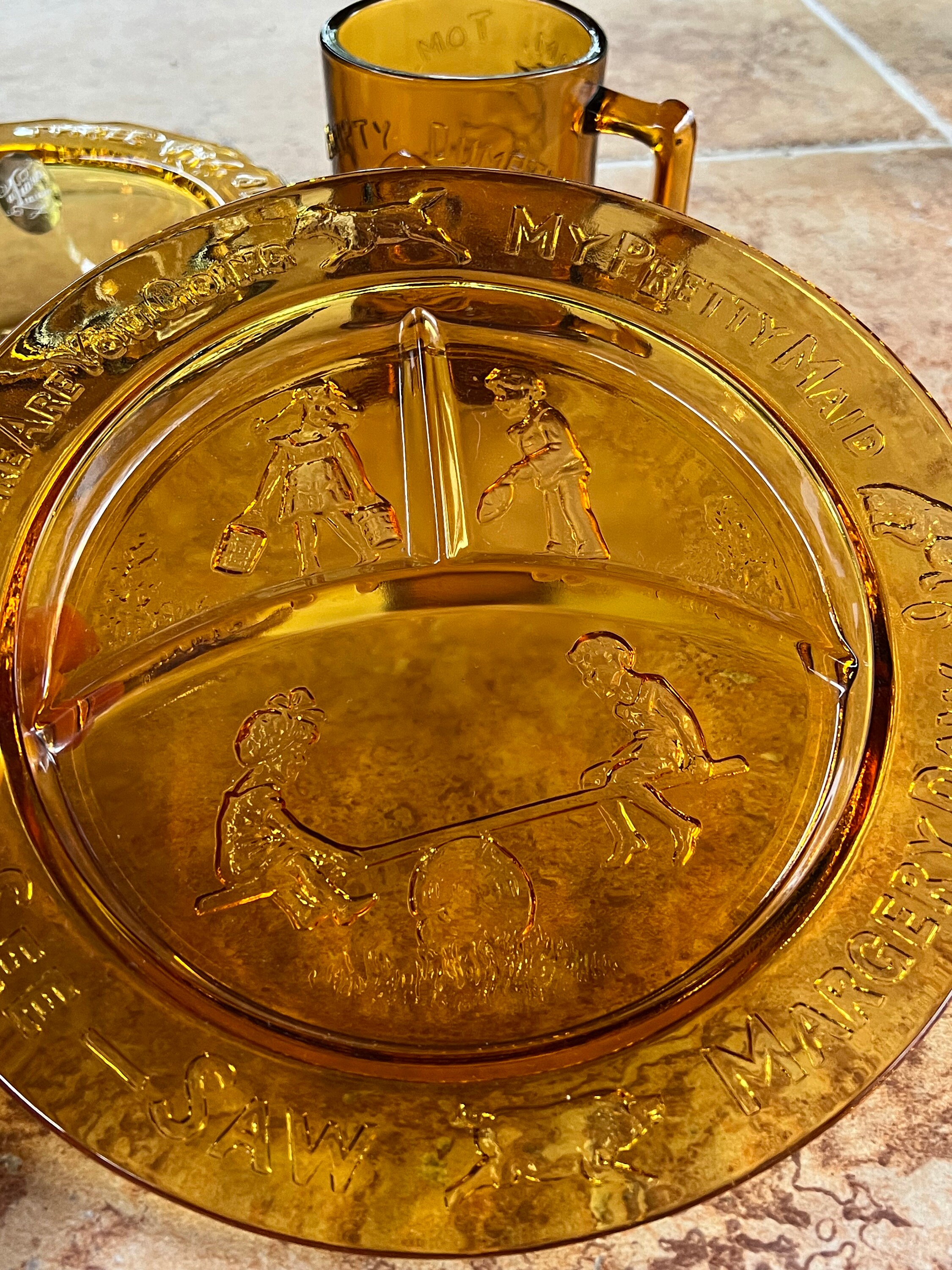 Vintage Indiana Glass Tiara Mother Goose Childs Three Piece Dinnerware ...