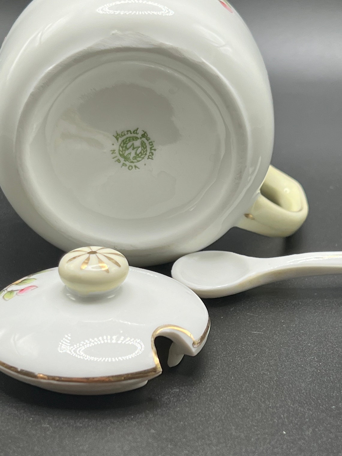 Antique Nippon Hand Painted Porcelain Condiment Jar With Lid and Spoon ...