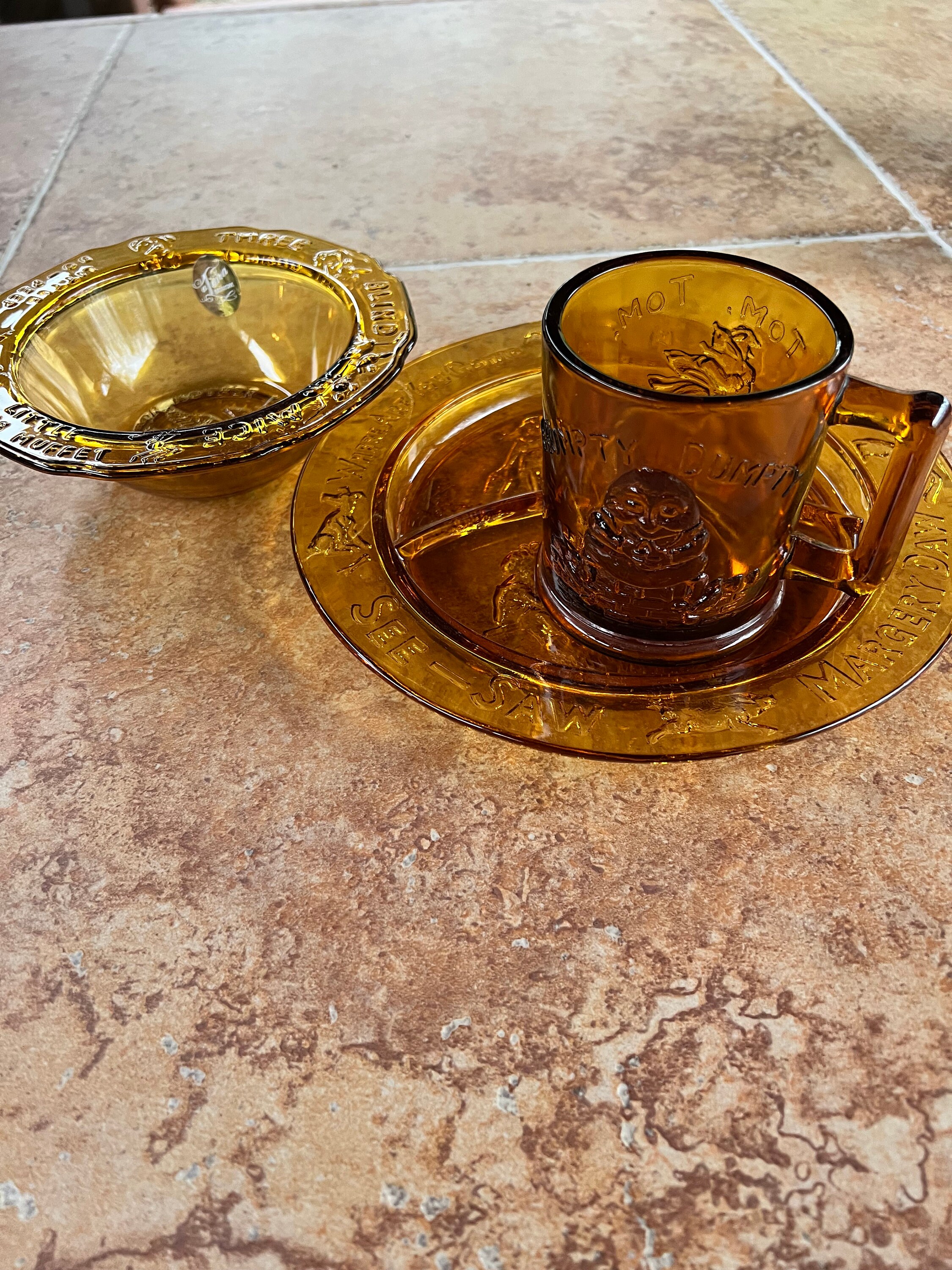 Vintage Indiana Glass Tiara Mother Goose Childs Three Piece Dinnerware ...