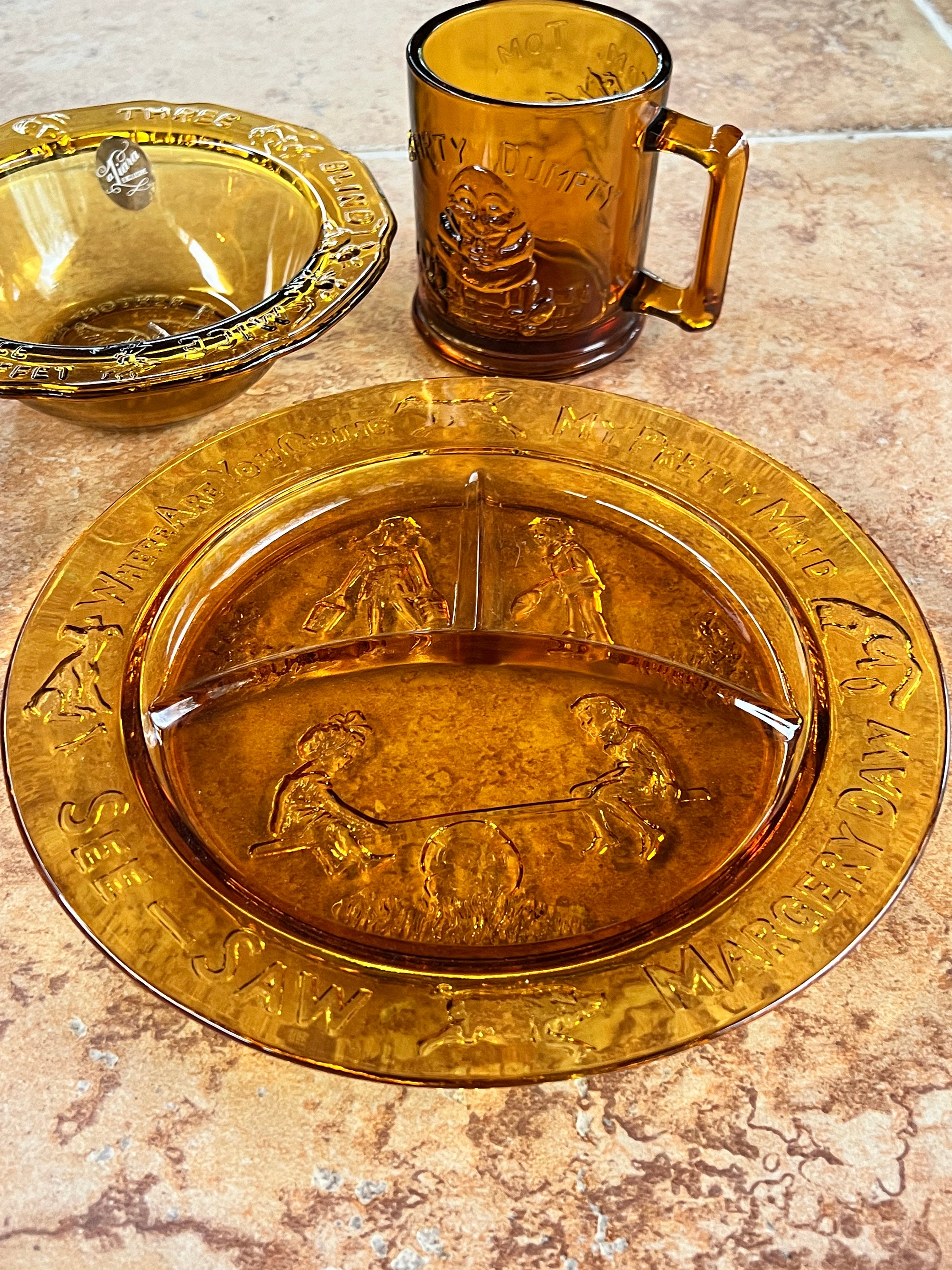 Vintage Indiana Glass Tiara Mother Goose Childs Three Piece Dinnerware ...