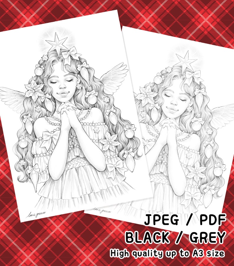 Tree Angel • Christmas Coloring Page • Grayscale Coloring Page ...