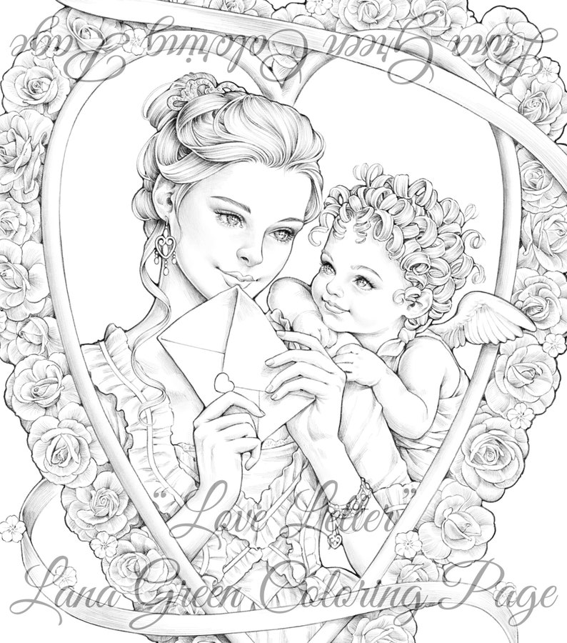 Love Letter • Valentine's Day Coloring Page for Adults • Grayscale ...