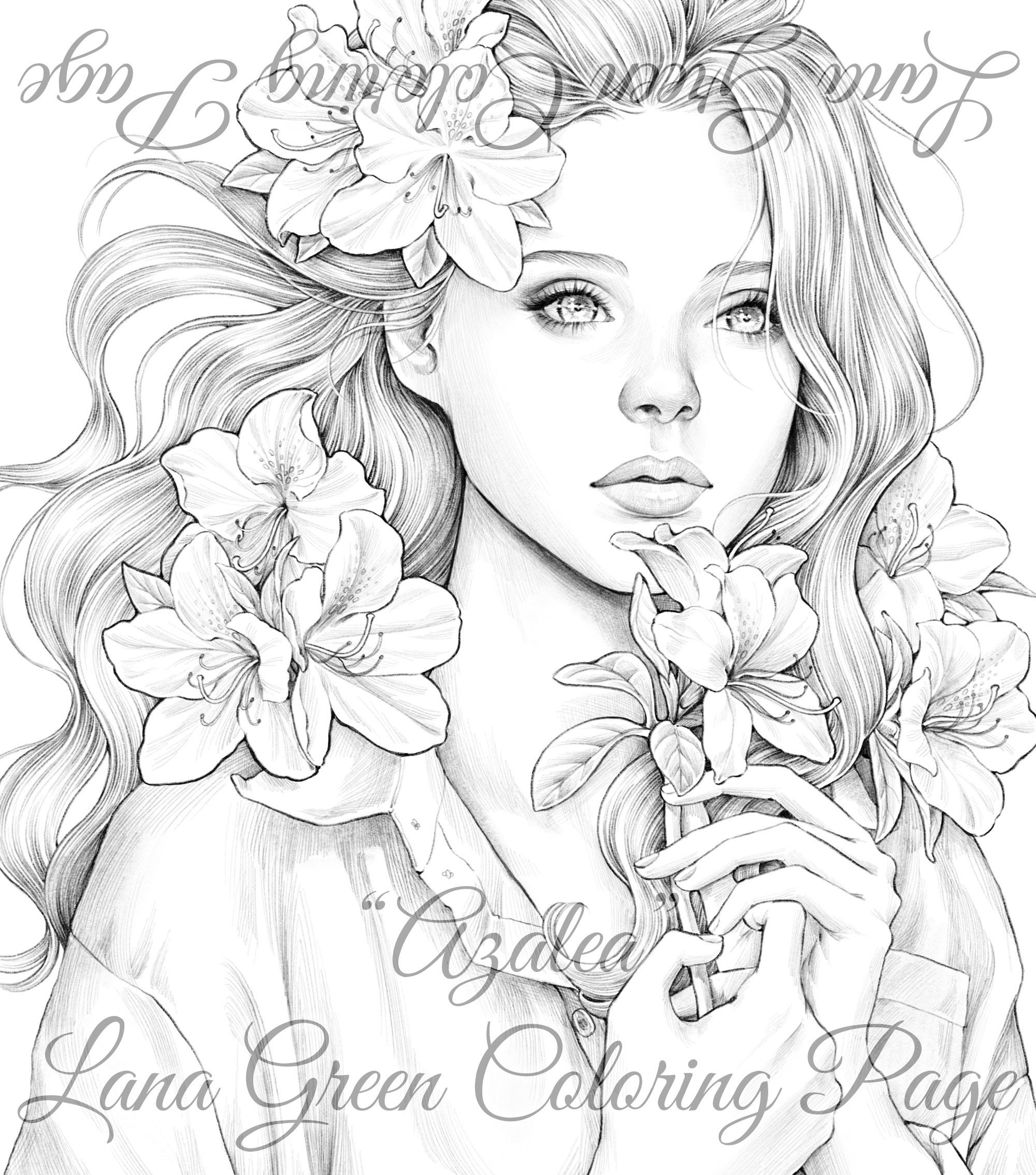 Azalea • Coloring Page for Adults • Grayscale Coloring Page • Instant ...