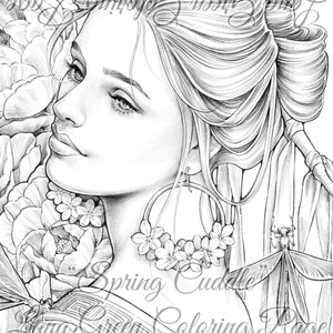 Spring Cuddle • Coloring Page for Adults • Grayscale Coloring Page ...