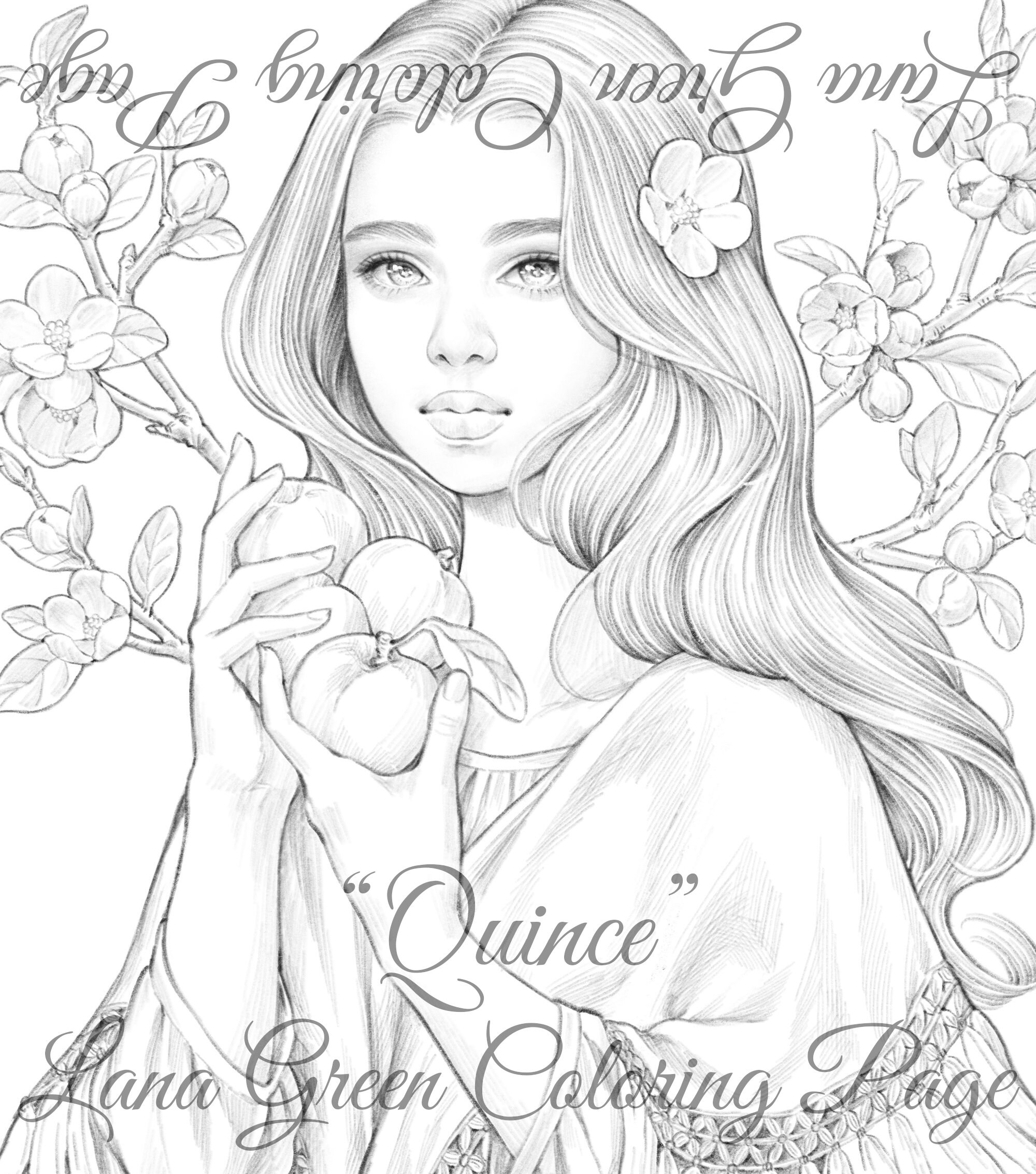 Quince • Floral Babies • Coloring Page for Adults • Grayscale Coloring ...