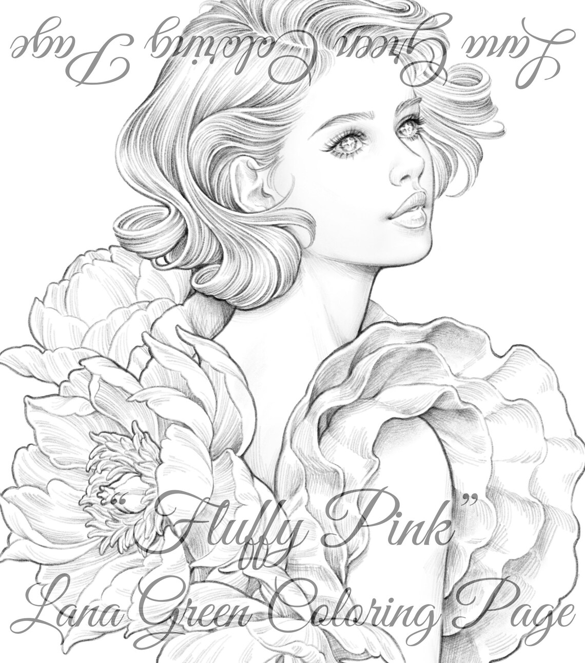 Fluffy Pink • Coloring Page for Adults • Grayscale Coloring Page ...