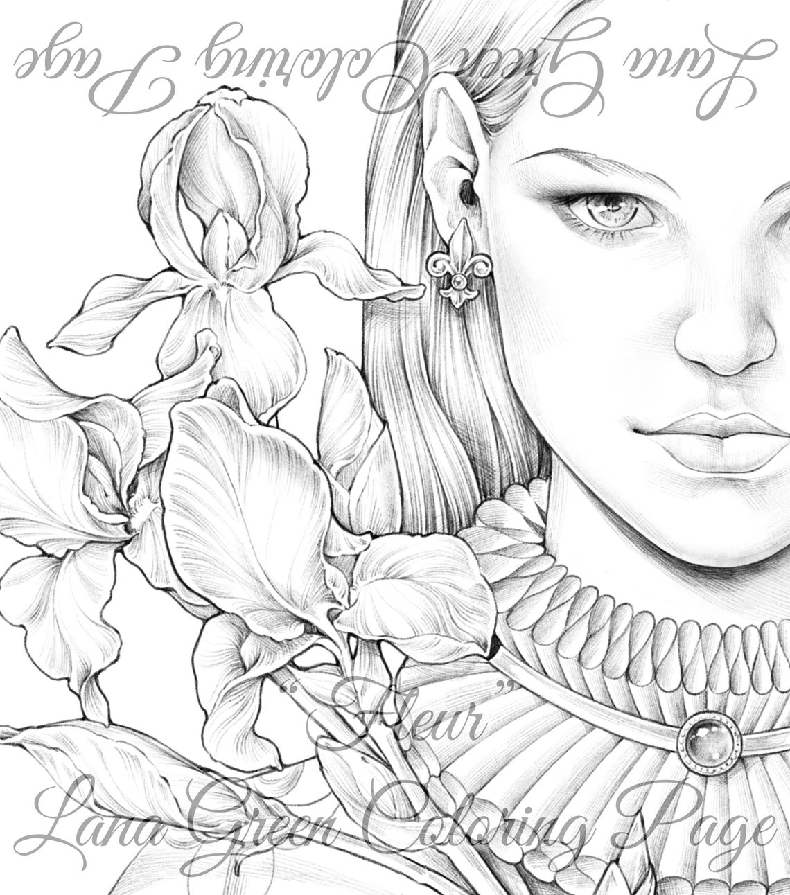 Fleur Coloring Page for Adults Grayscale Coloring Page - Etsy