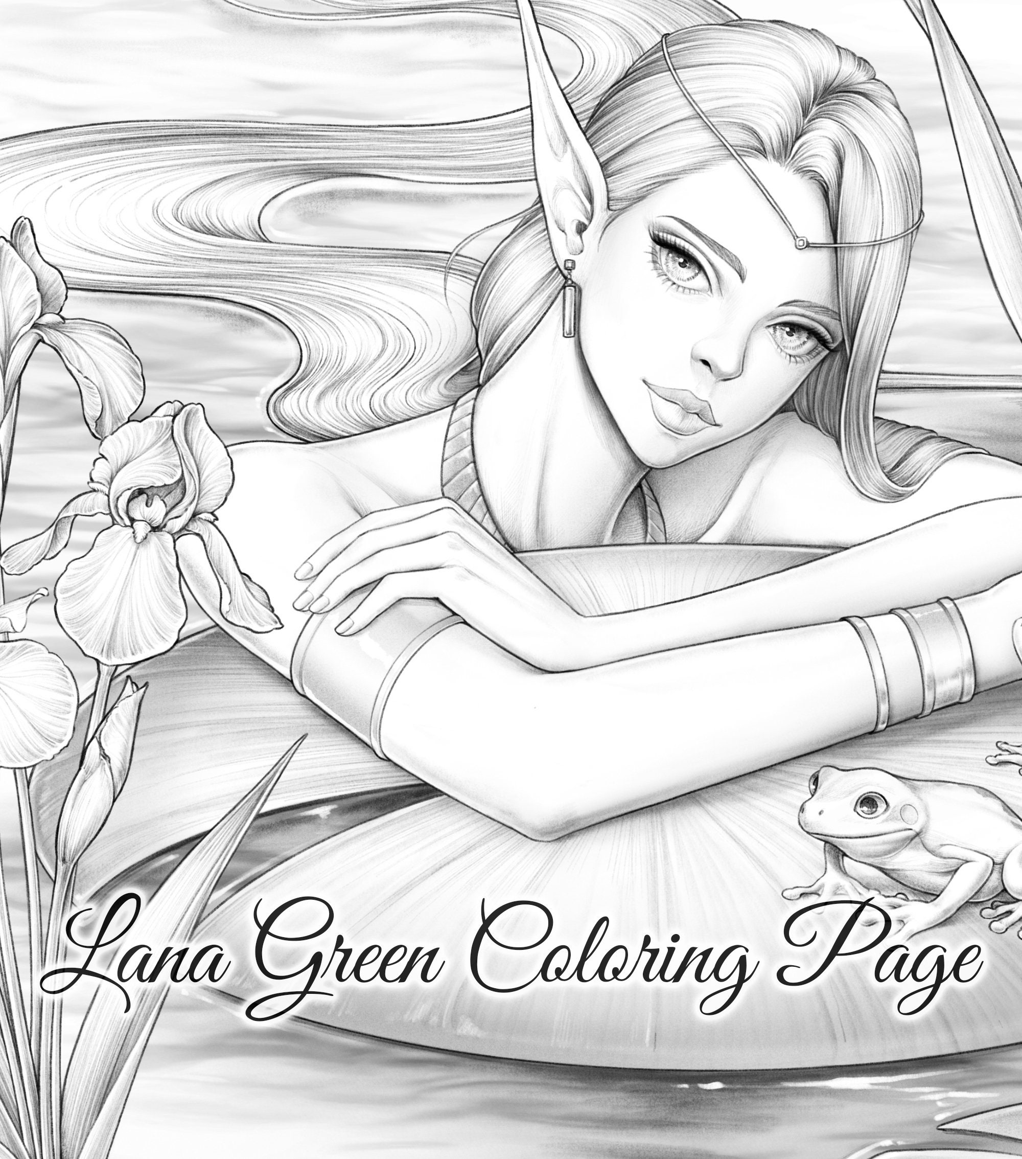 Elf Pond Coloring Page for Adults Grayscale Coloring Page - Etsy