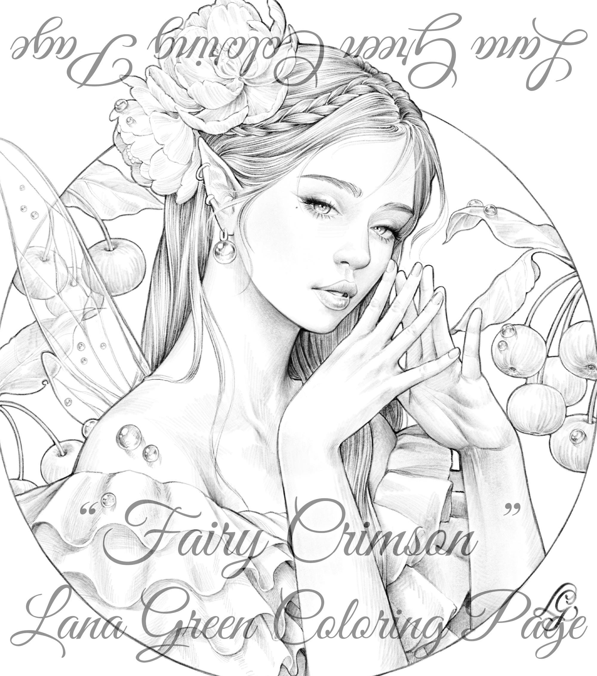 Fairy Crimson • Coloring Page for Adults • Grayscale Coloring Page ...