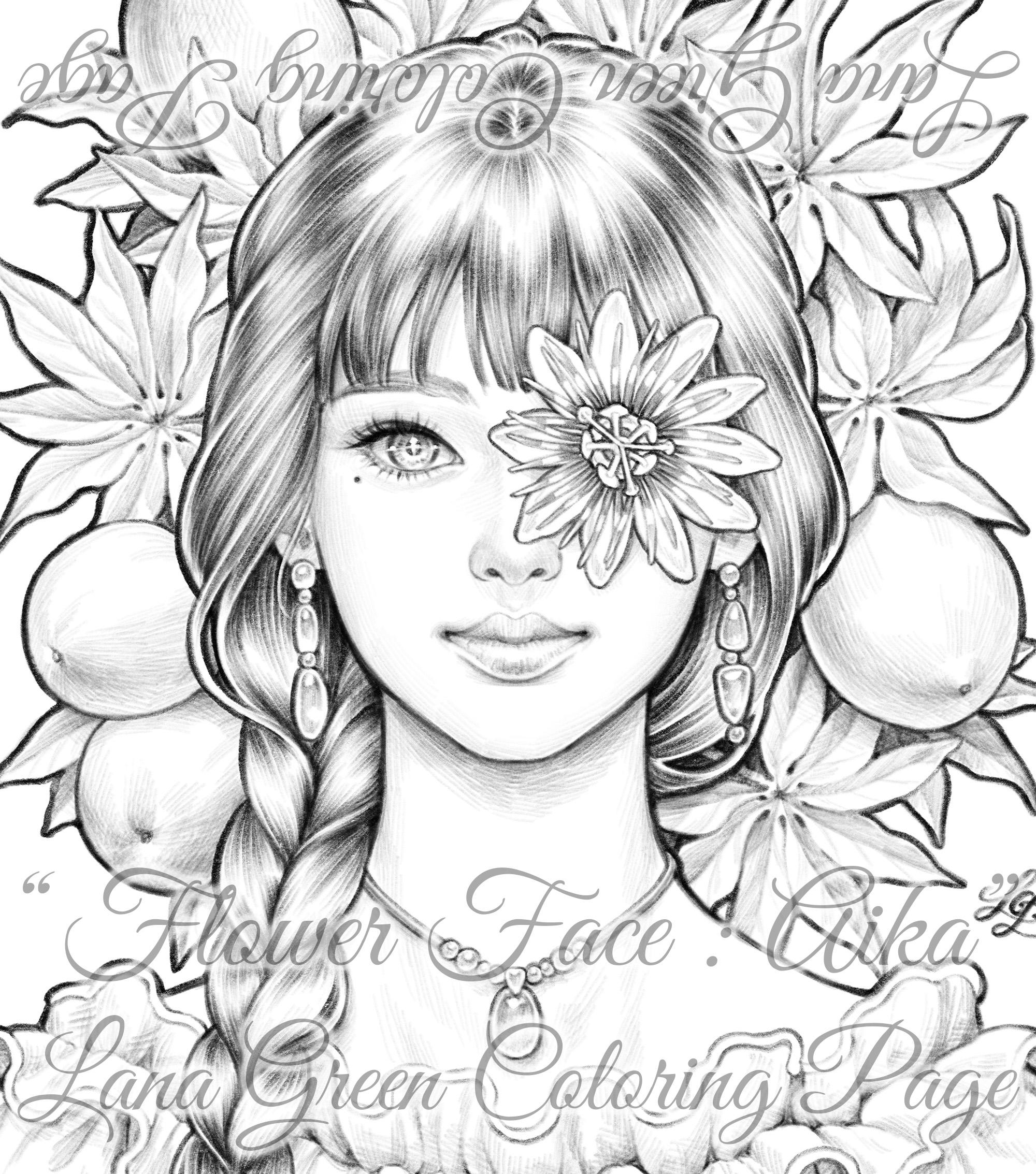 Aika • Flower Face • Coloring Page for Adults • Grayscale Coloring Page ...