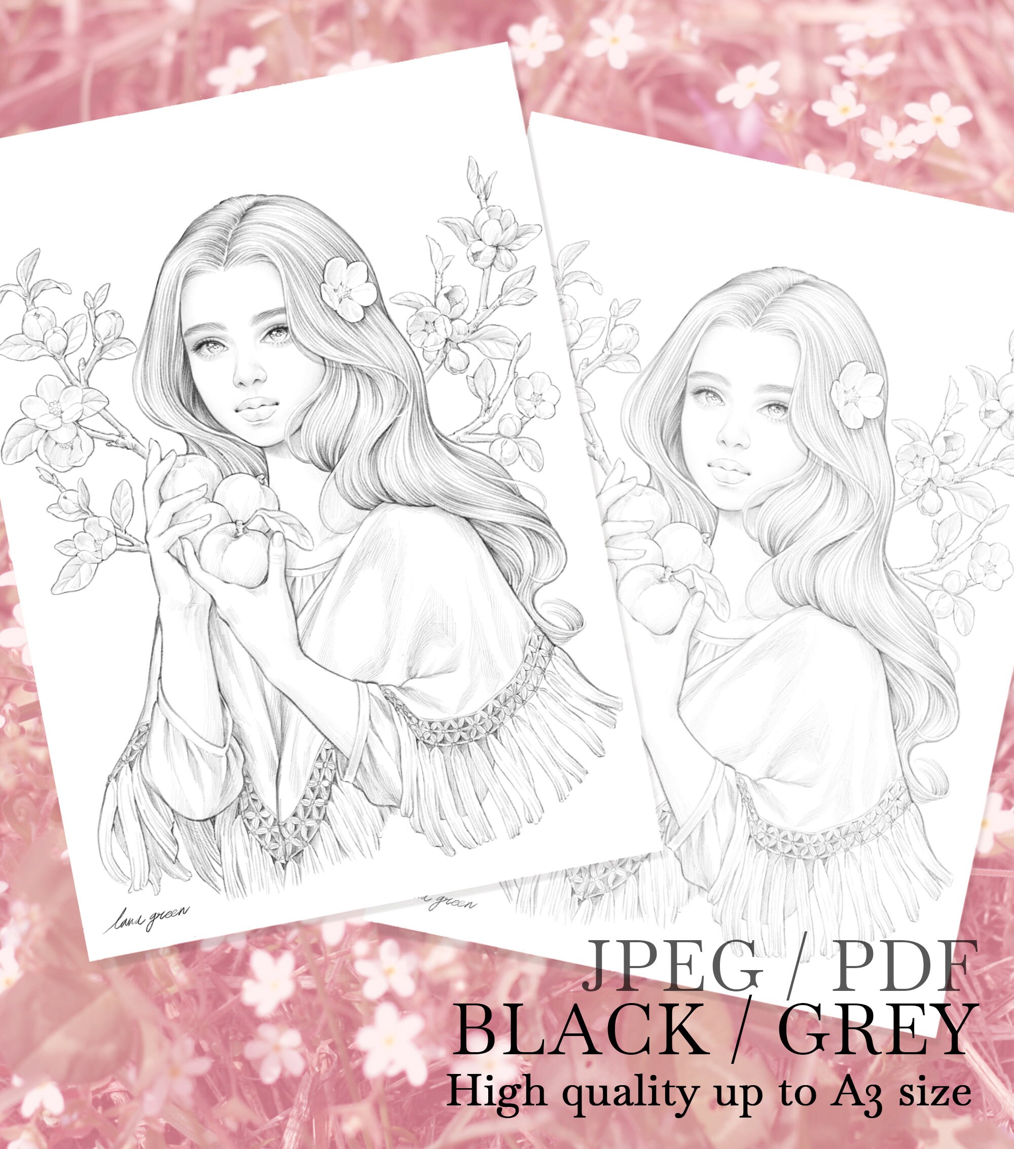 Quince • Floral Babies • Coloring Page for Adults • Grayscale Coloring ...