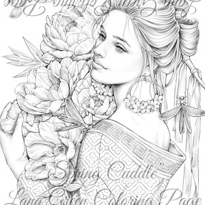 Spring Cuddle • Coloring Page for Adults • Grayscale Coloring Page ...
