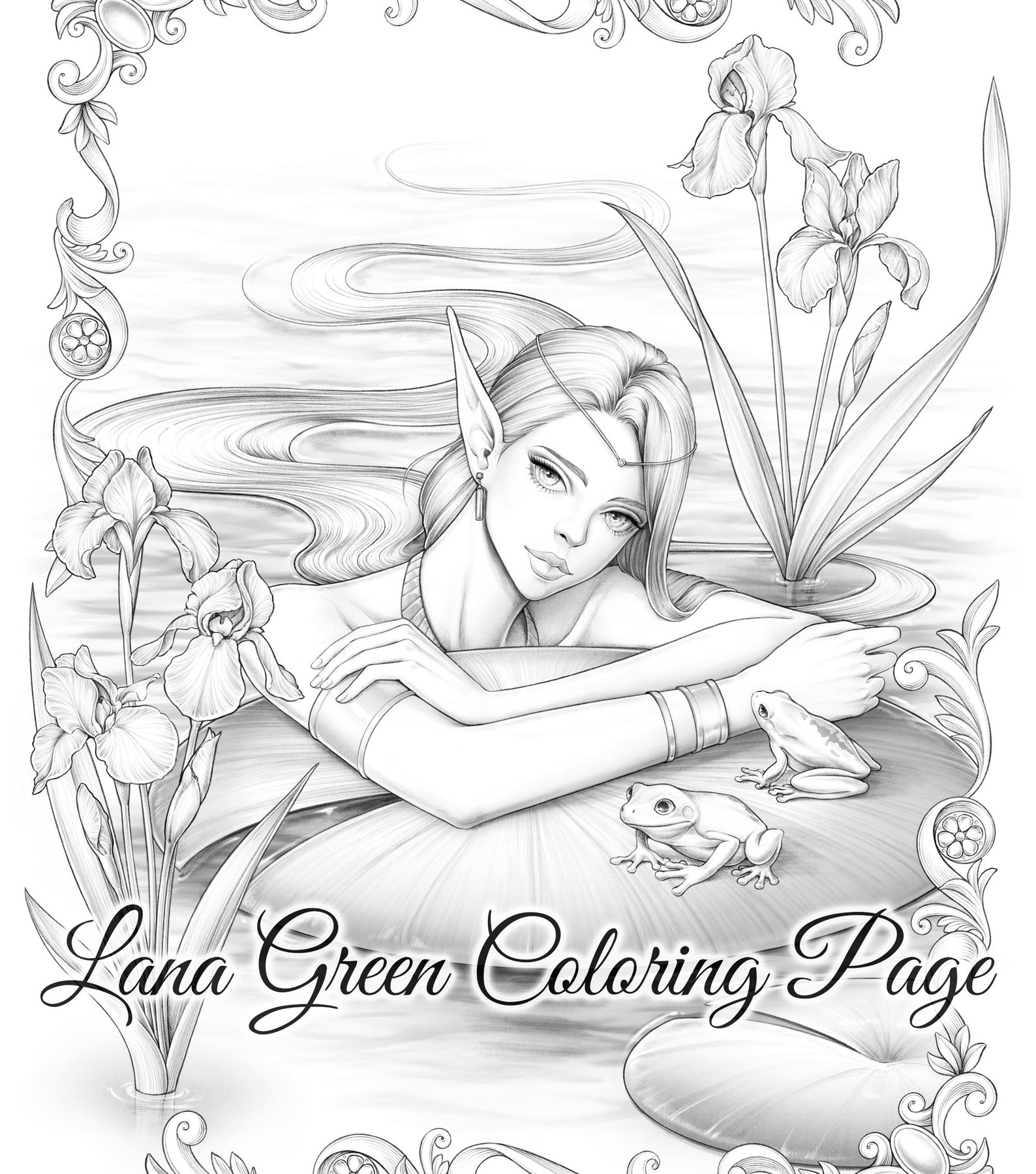 Elf Pond Coloring Page for Adults Grayscale Coloring Page - Etsy