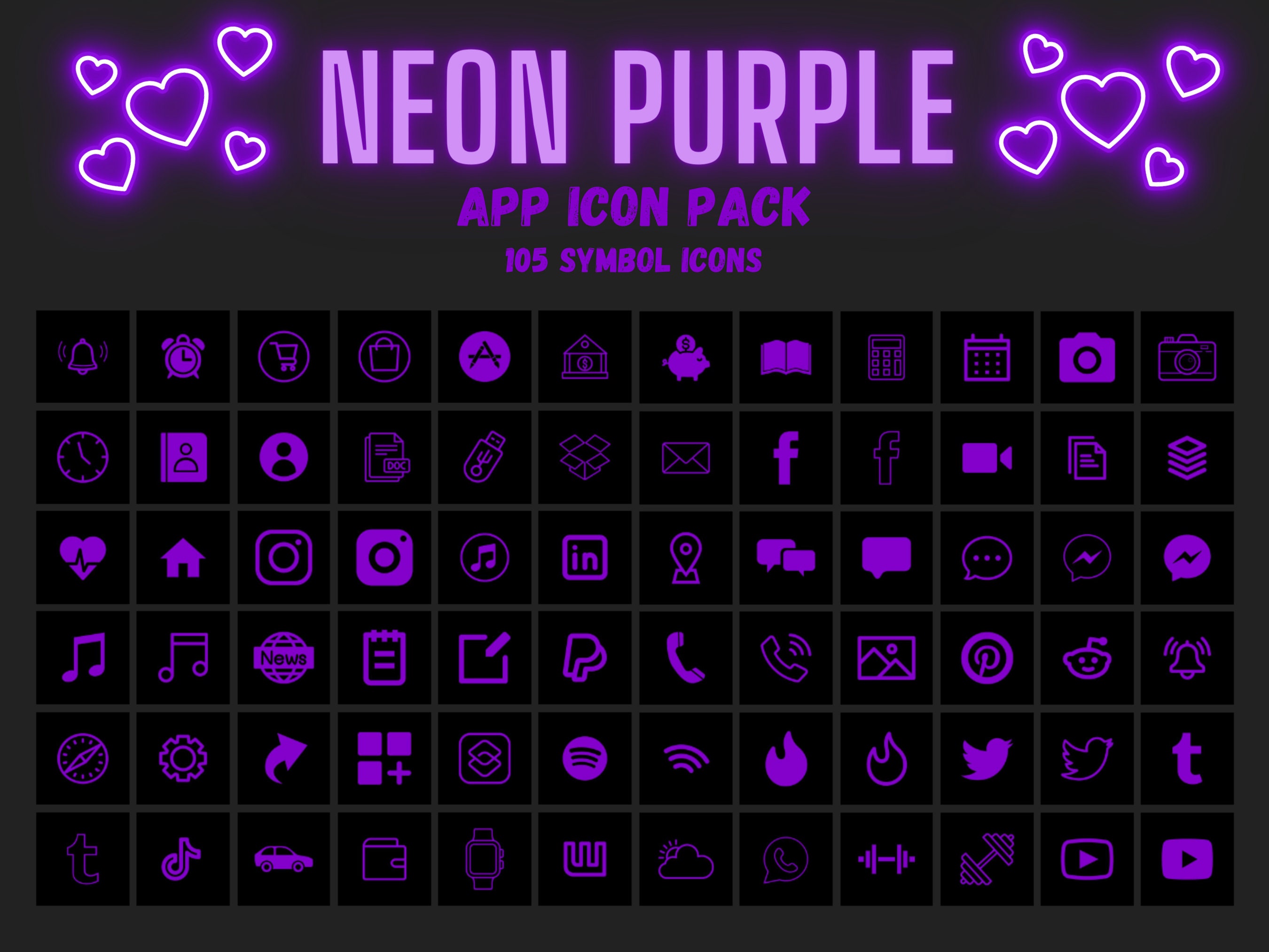 600+ Neon Purple App Icon Pack - Custom Home Screen - iPhone / iPad - Neon Symbols - Graphic ...