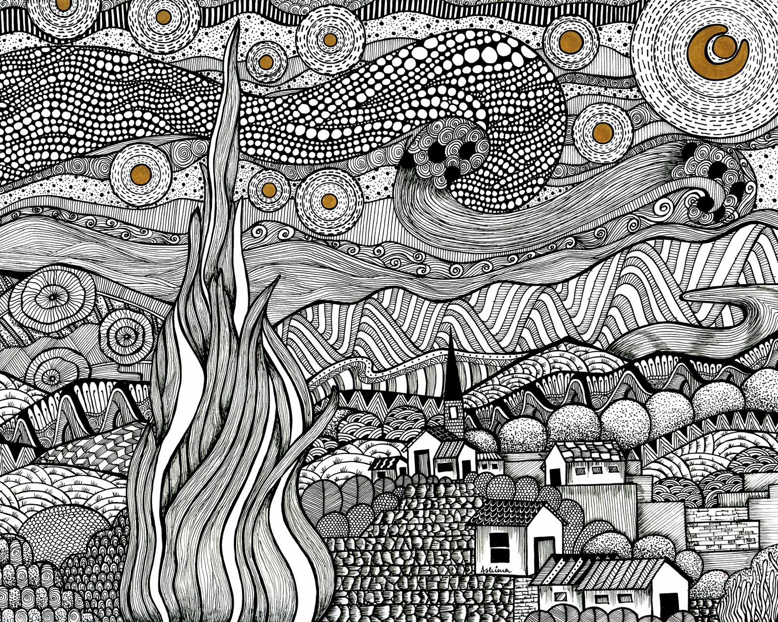 Starry night Van Gogh Zentangle art art prints | Etsy